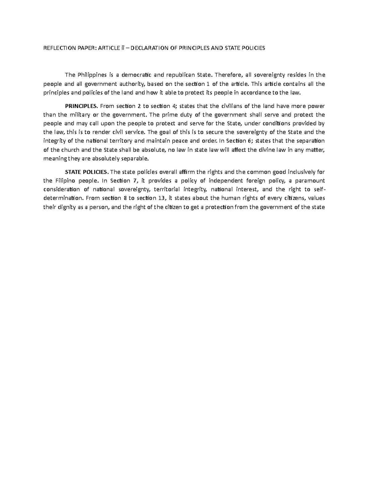 Reflection Paper on Article II: Declaration of Principles & State ...