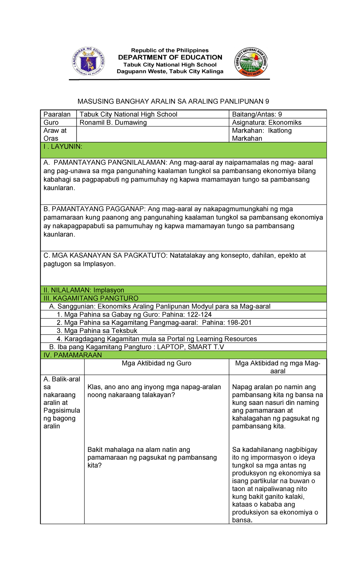 Lesson Plan for Gr. 9 on Inflation Concepts and Impacts - Studocu