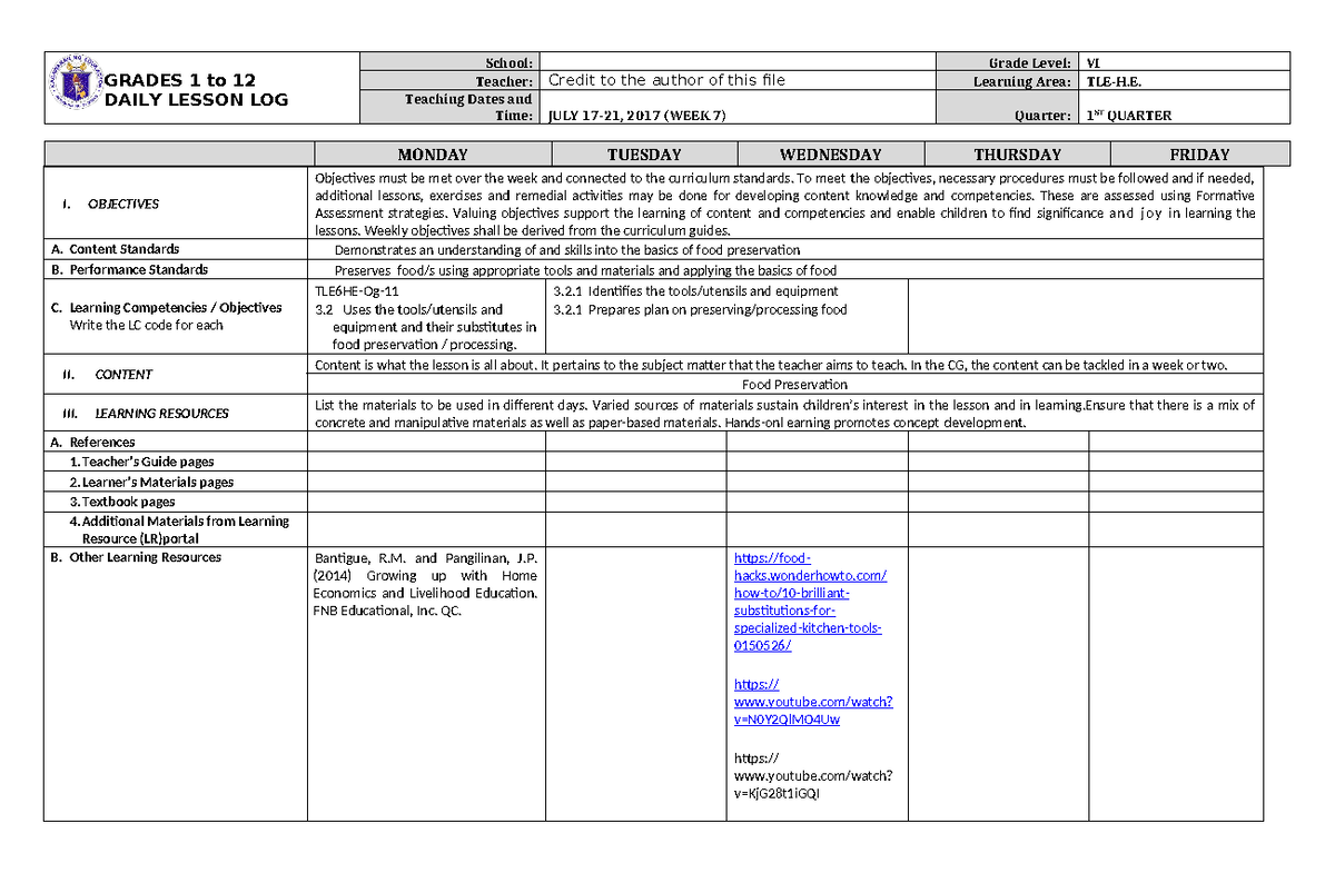 DLL TLE-H.E. 6 Q1 W7 - for reference - GRADES 1 to 12 DAILY LESSON LOG ...
