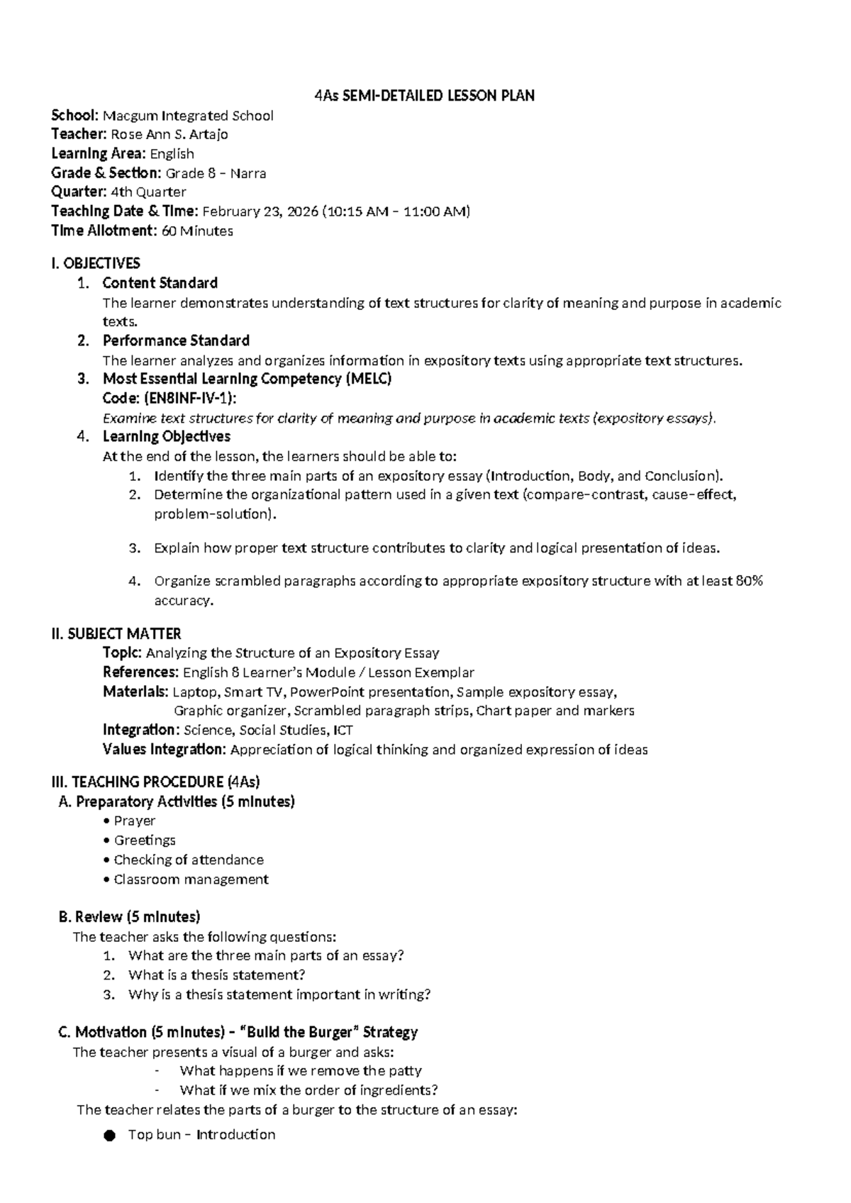 4As Semi-Detailed Lesson Plan for English 8: Expository Essay Structure ...