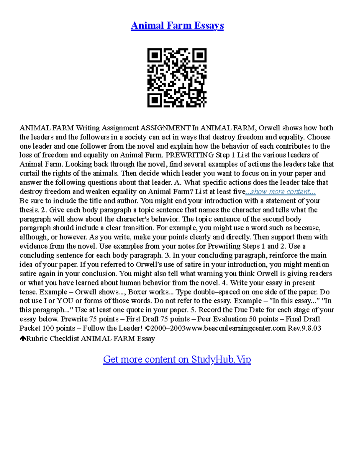 Animal Farm Essay Prompts & Writing Guide (ENG 101) - Studocu