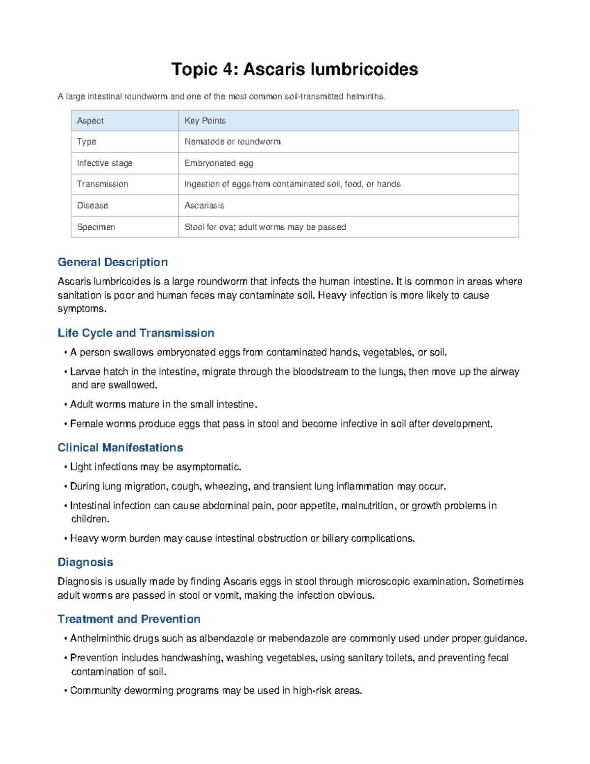 Topic 4: Ascaris lumbricoides - Key Points & Overview - Studocu