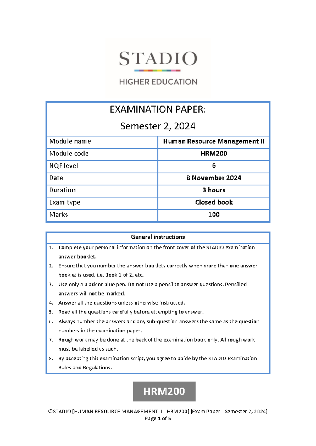 HRM200 2024 Semester 2 Examination Paper: Human Resource Management II ...