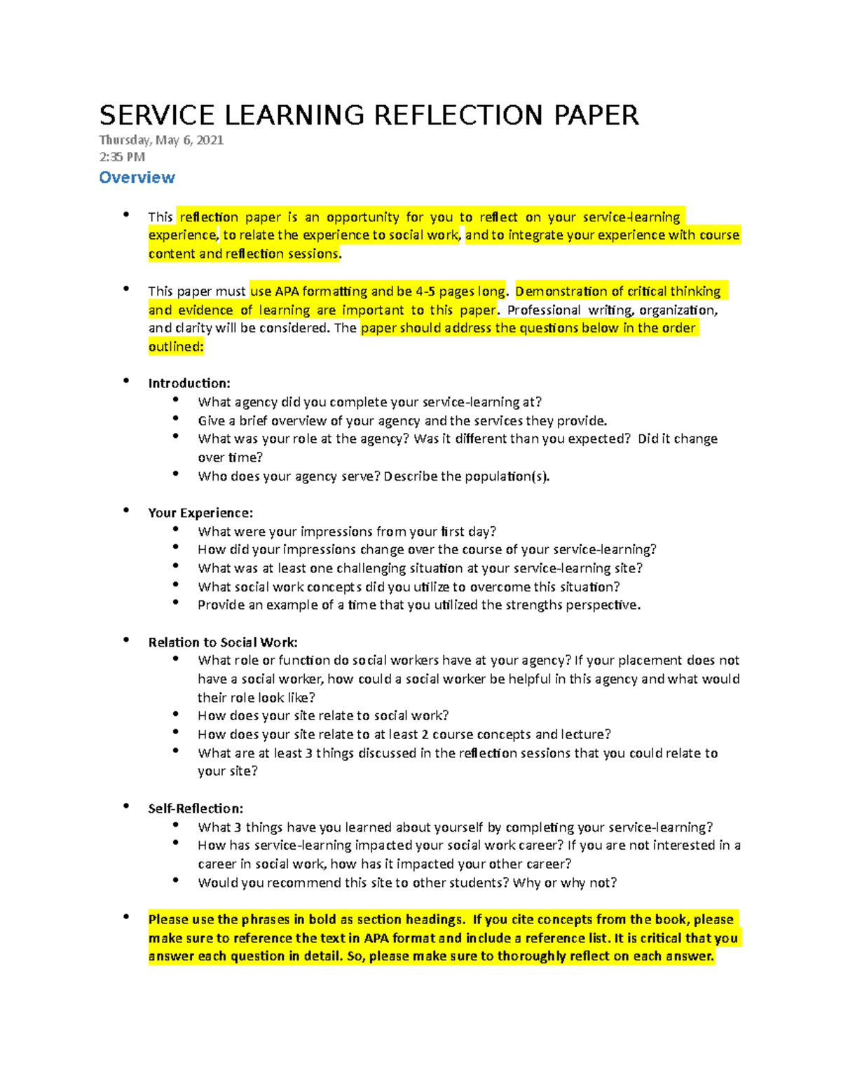 Service Learning Reflection Paper - SERVICE LEARNING REFLECTION PAPER ...