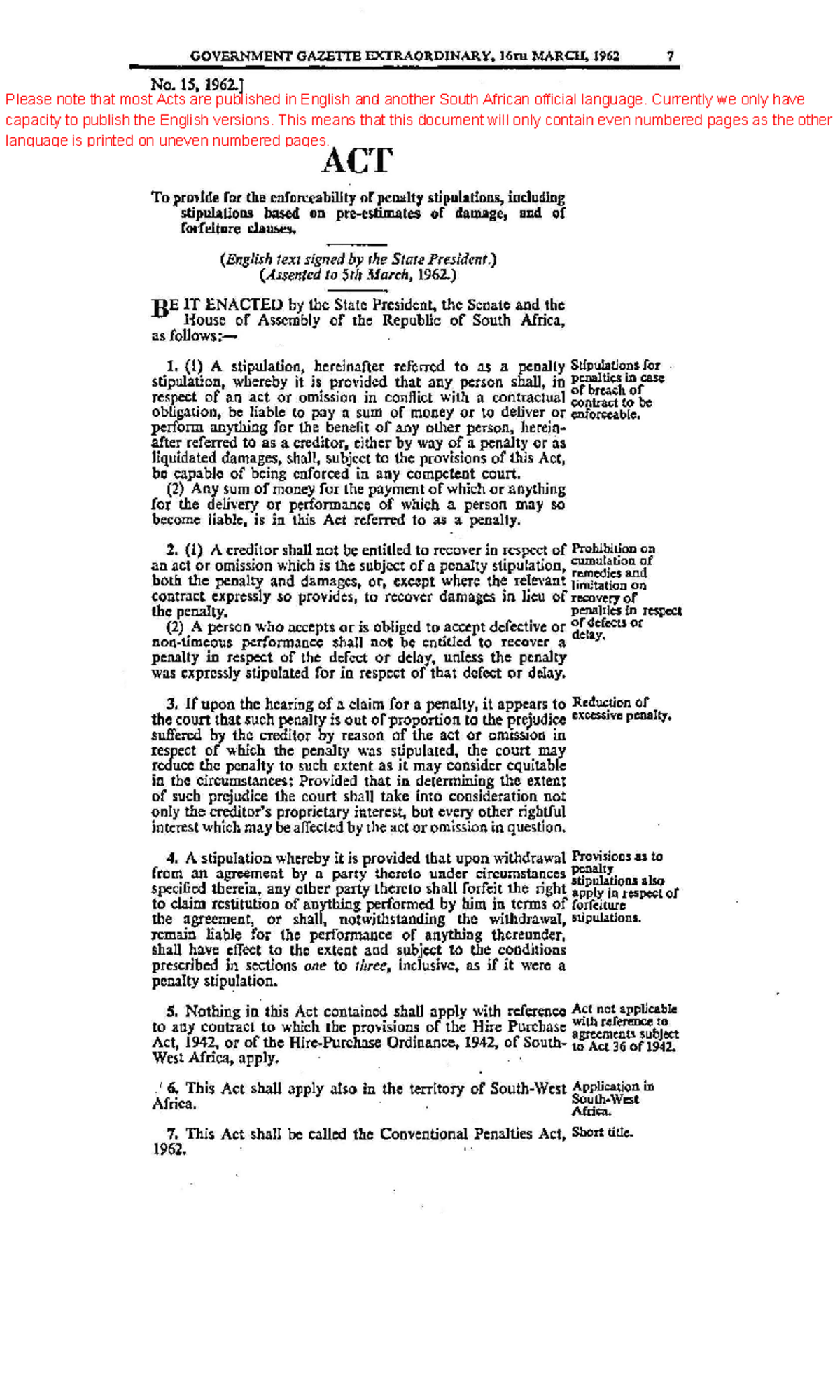 Conventional Penalties Act 15 of 1962 - Government Gazette Excerpt ...
