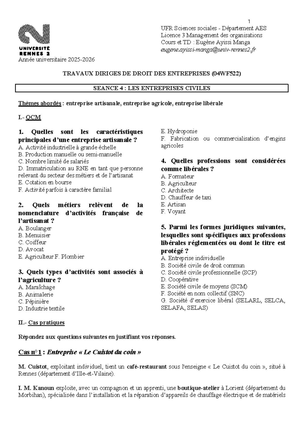 2025-2026-TD (04WF522) Séance 4 : Les Entreprises Civiles - Studocu