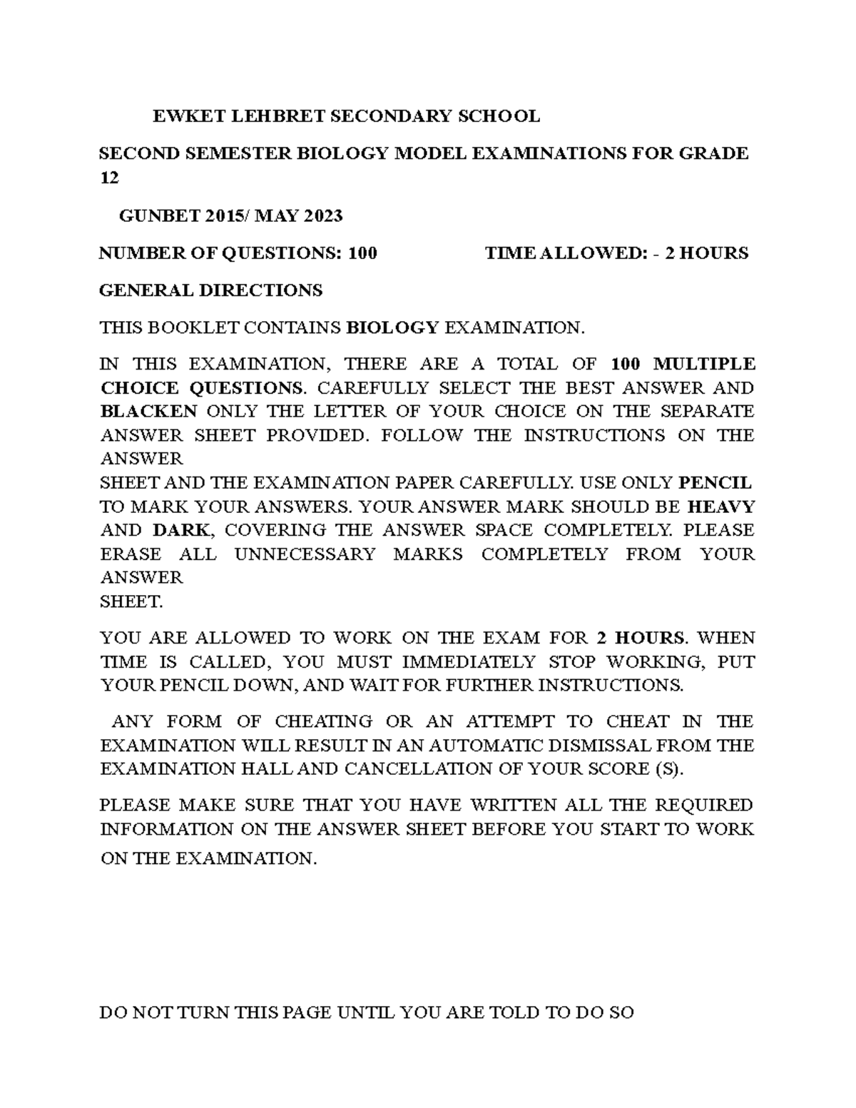 Biology Model Exam for Grade 12 - Gunbet 2015/May 2023 - Studocu