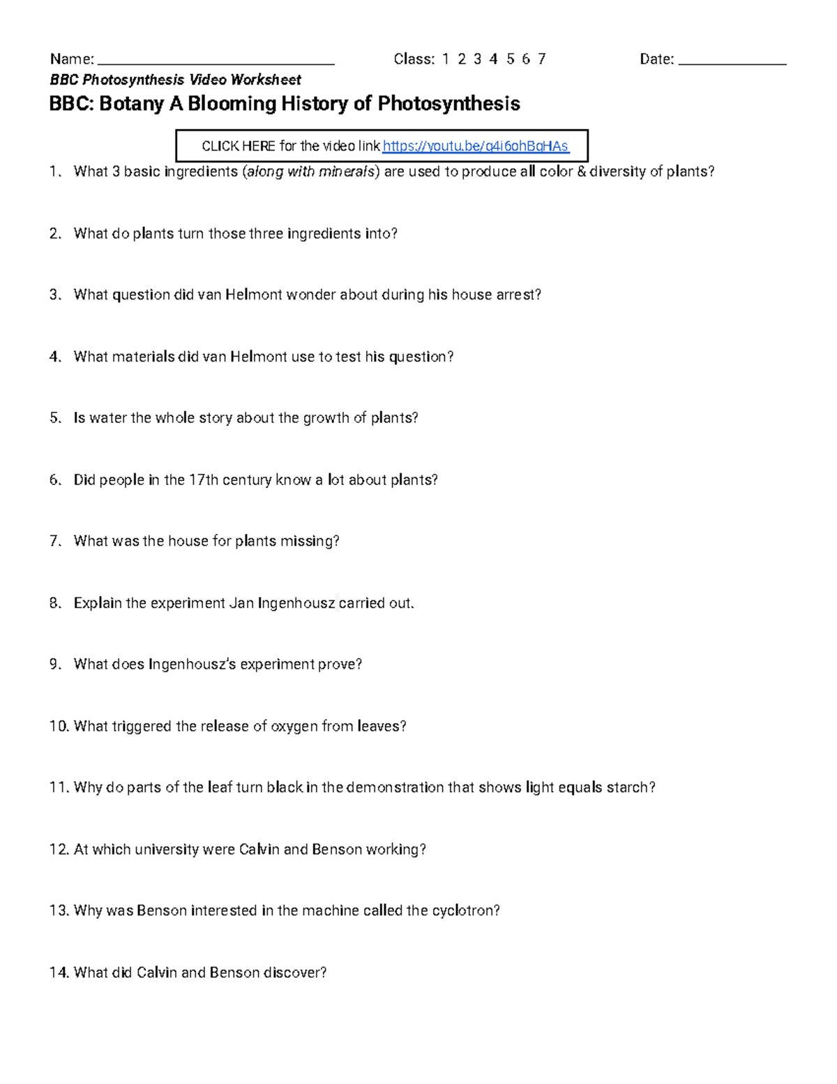BBC Botany Photosynthesis Video Worksheet (Class 1-7) - Studocu