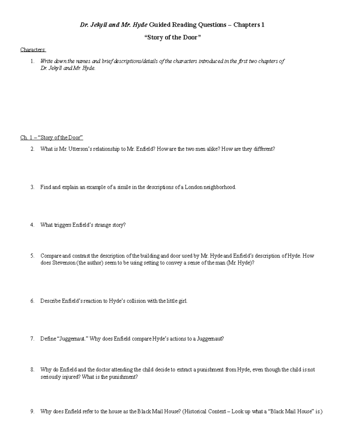 J&H Ch 1 Guided Reading Questions: Characters & Themes Analysis - Studocu