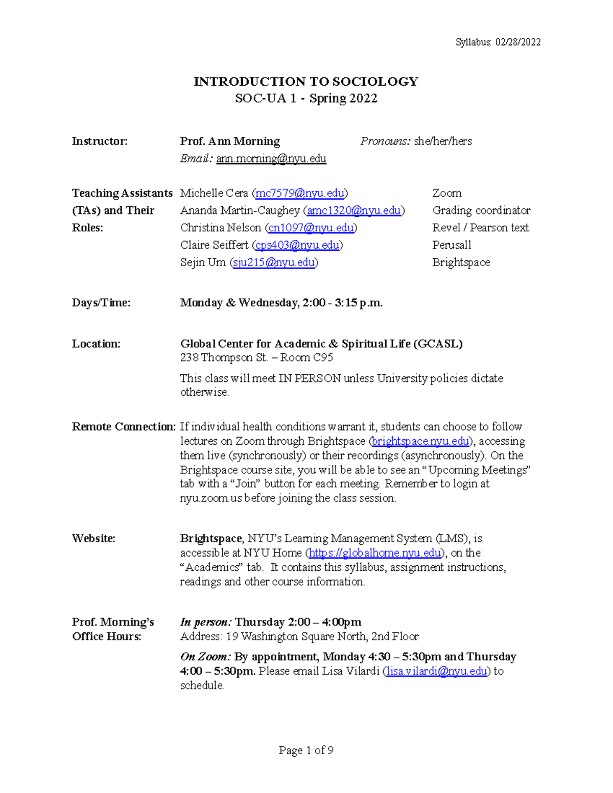 Syllabus: Introduction to Sociology 1 (SOC 101) Spring 2022 - Studocu