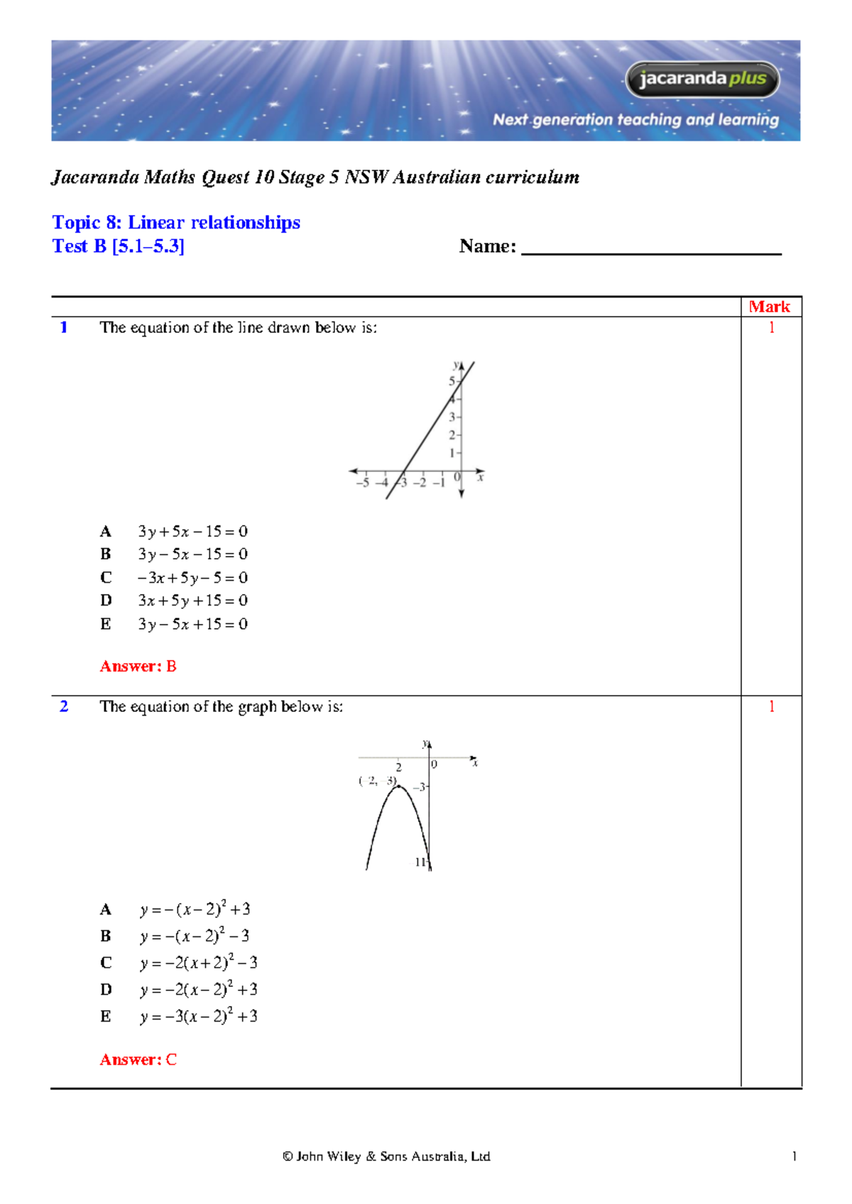 Jacaranda Maths Quest 10 Stage 5 NSW Topic 8: Linear Relationships Test ...