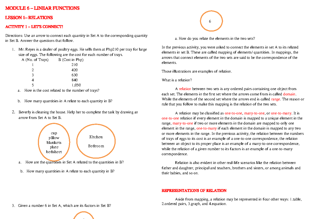 Module 6 Lecture Linear Functions - MODULE 6 – LINEAR FUNCTIONS LESSON 1– RELATIONS ACTIVITY 1 ...