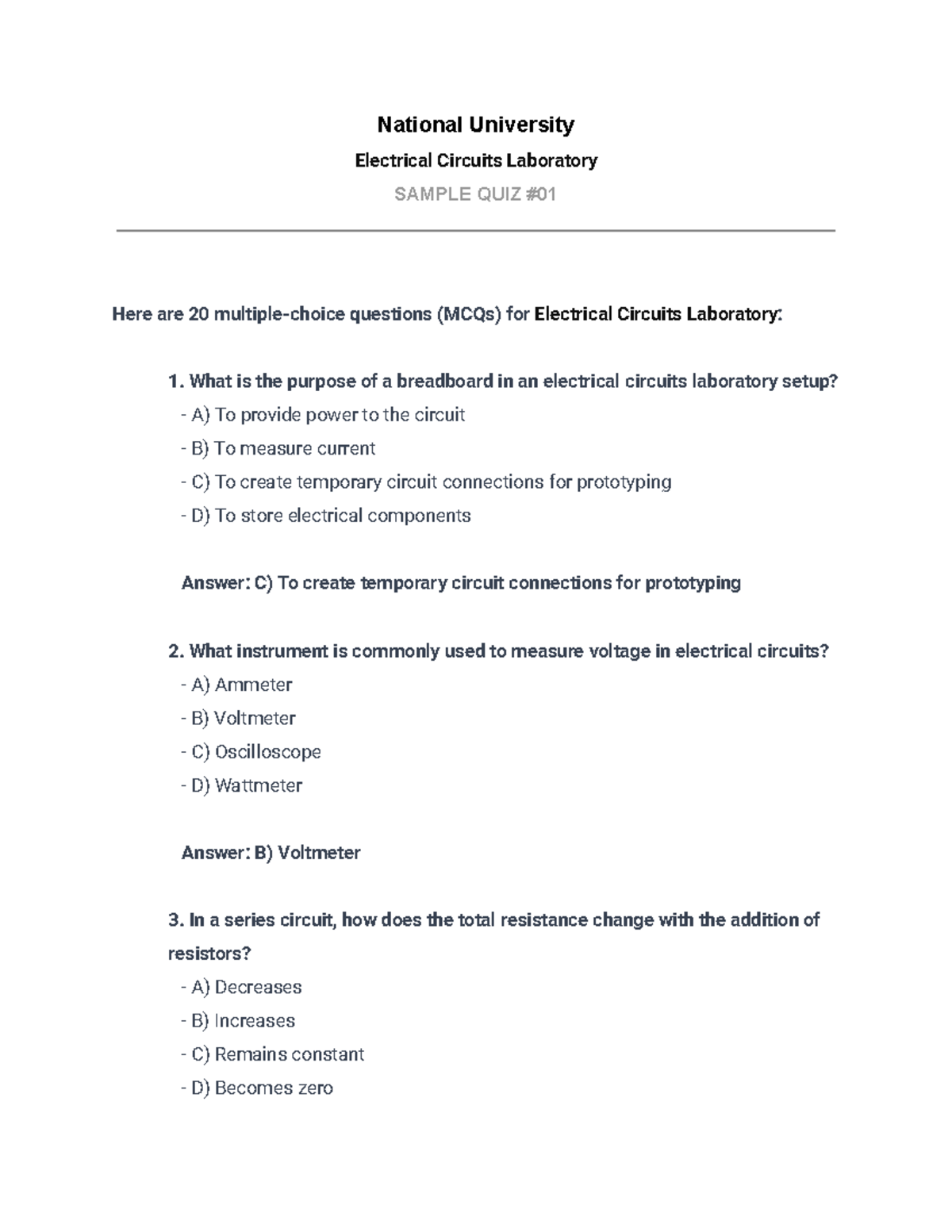 Electrical Circuits Lab (EC 101) - Sample Quiz Questions - Studocu