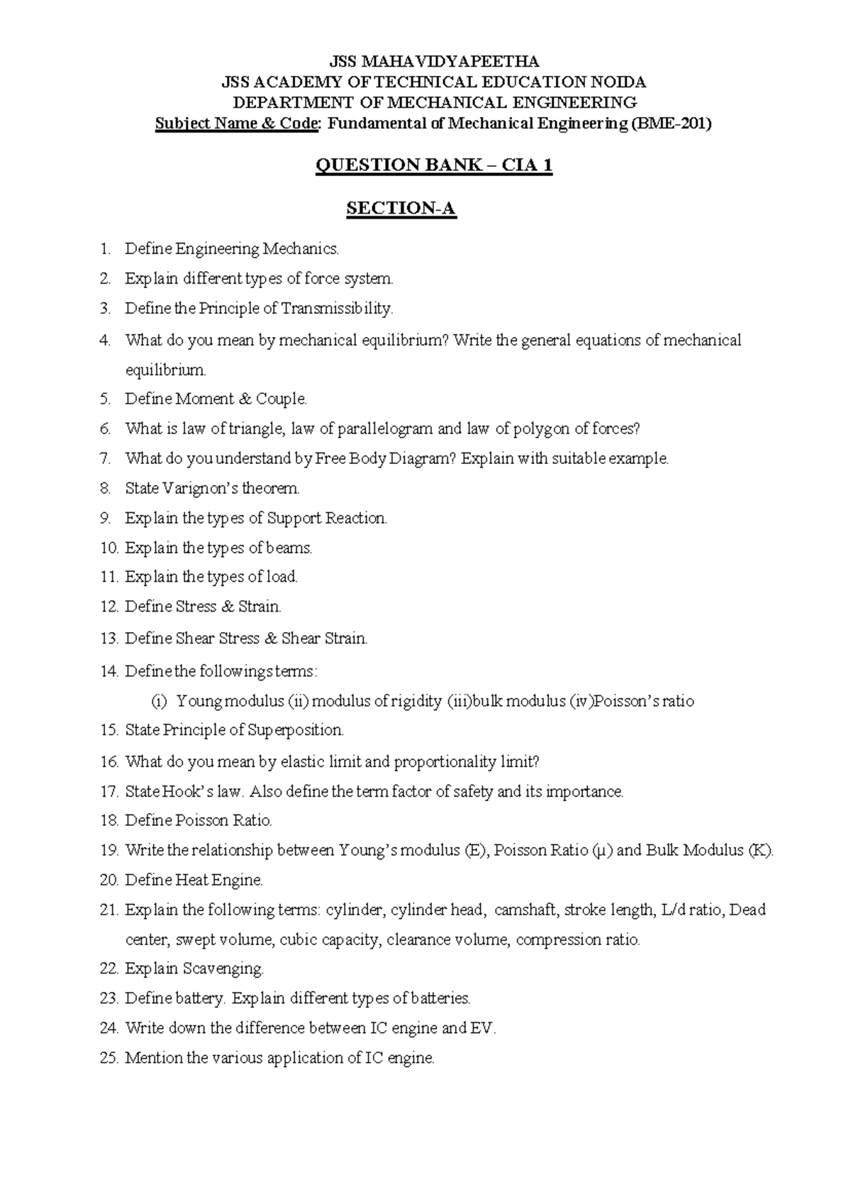Question Bank for FME (CIA-1) - Mechanical Engineering Concepts - Studocu