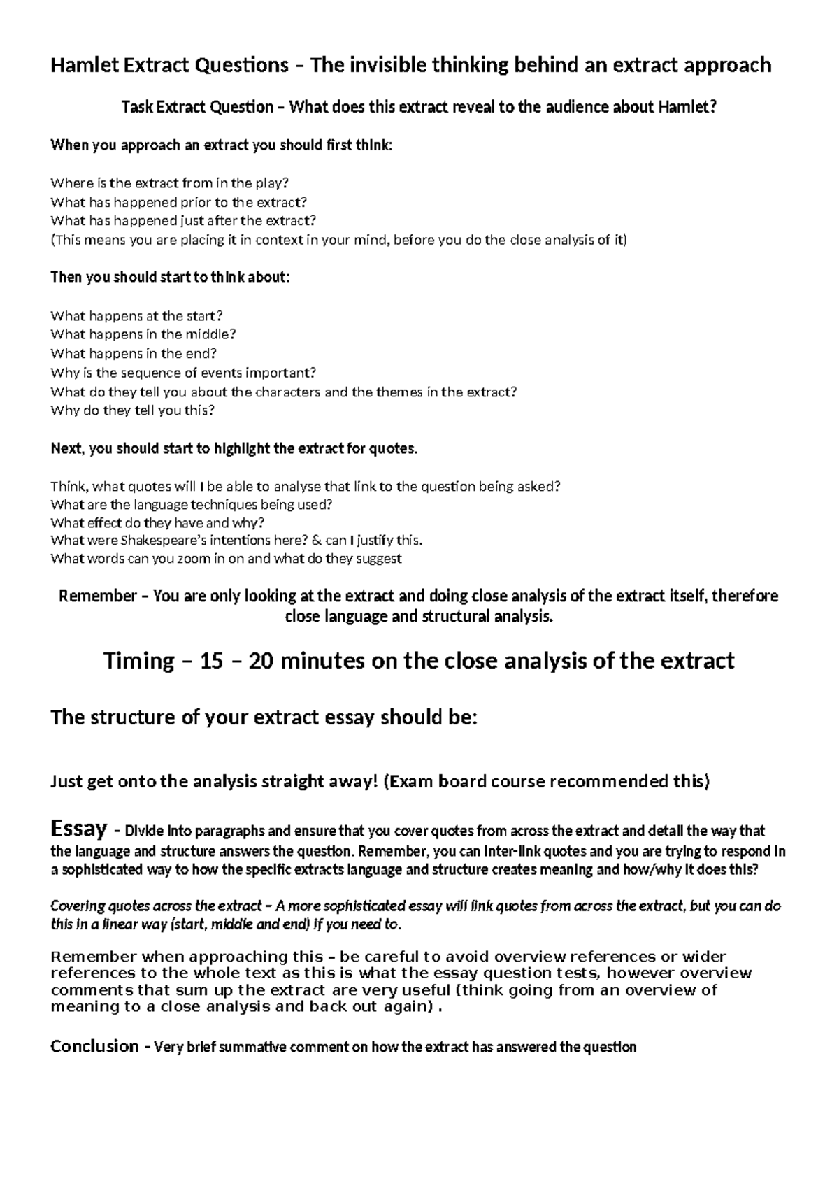 A Level Eduqas Hamlet Extract Analysis & Question Guide - Studocu