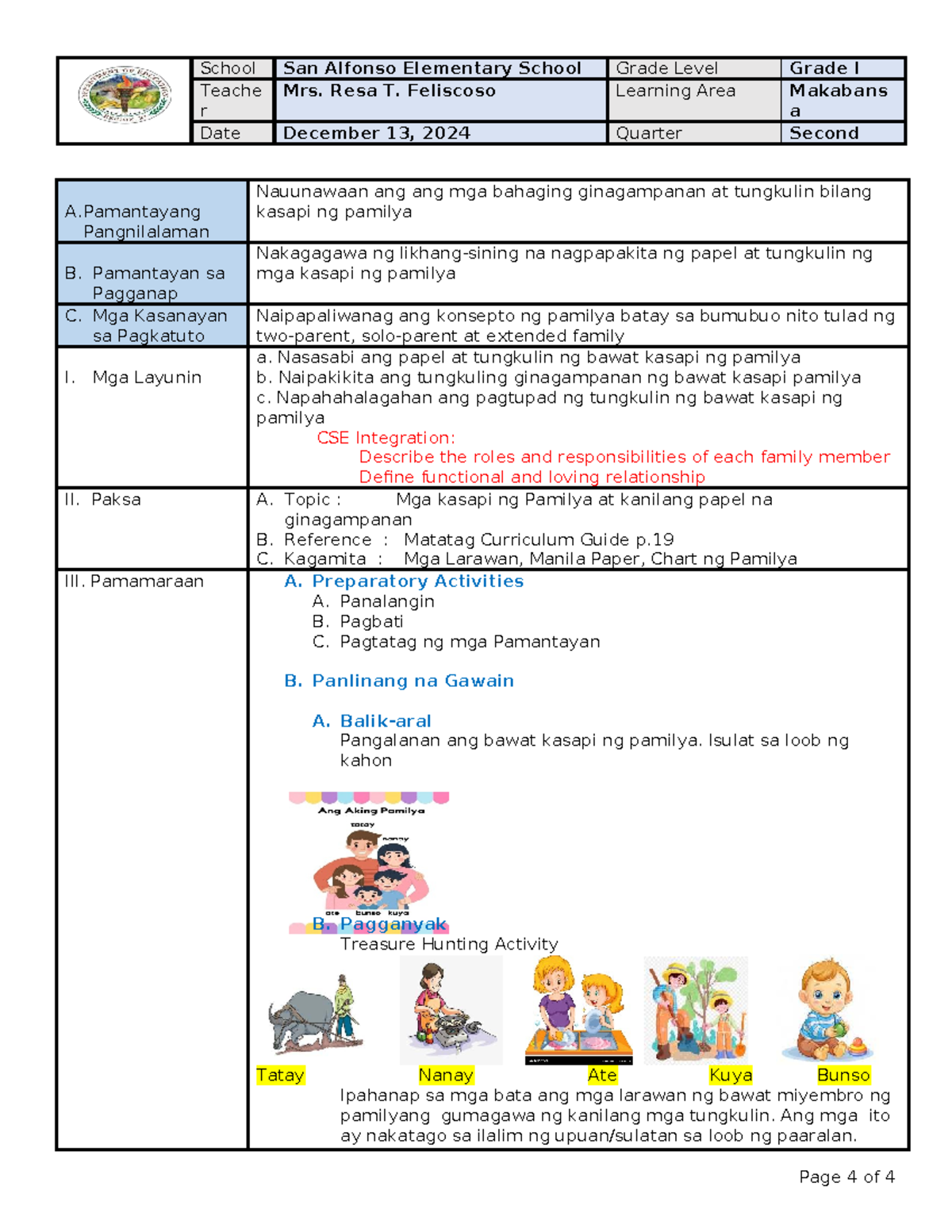 Grade I Lesson Plan: Mga Kasapi ng Pamilya at Kanilang Mga Tungkulin - Studocu