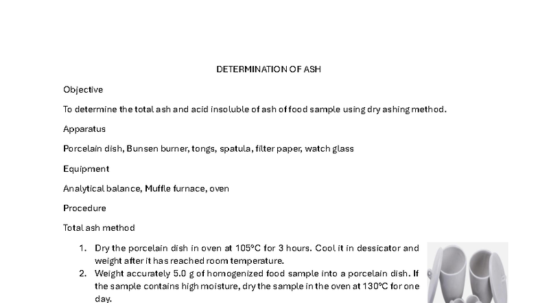 Determination of Total Ash in Food Samples - Experiment 6 - Studocu
