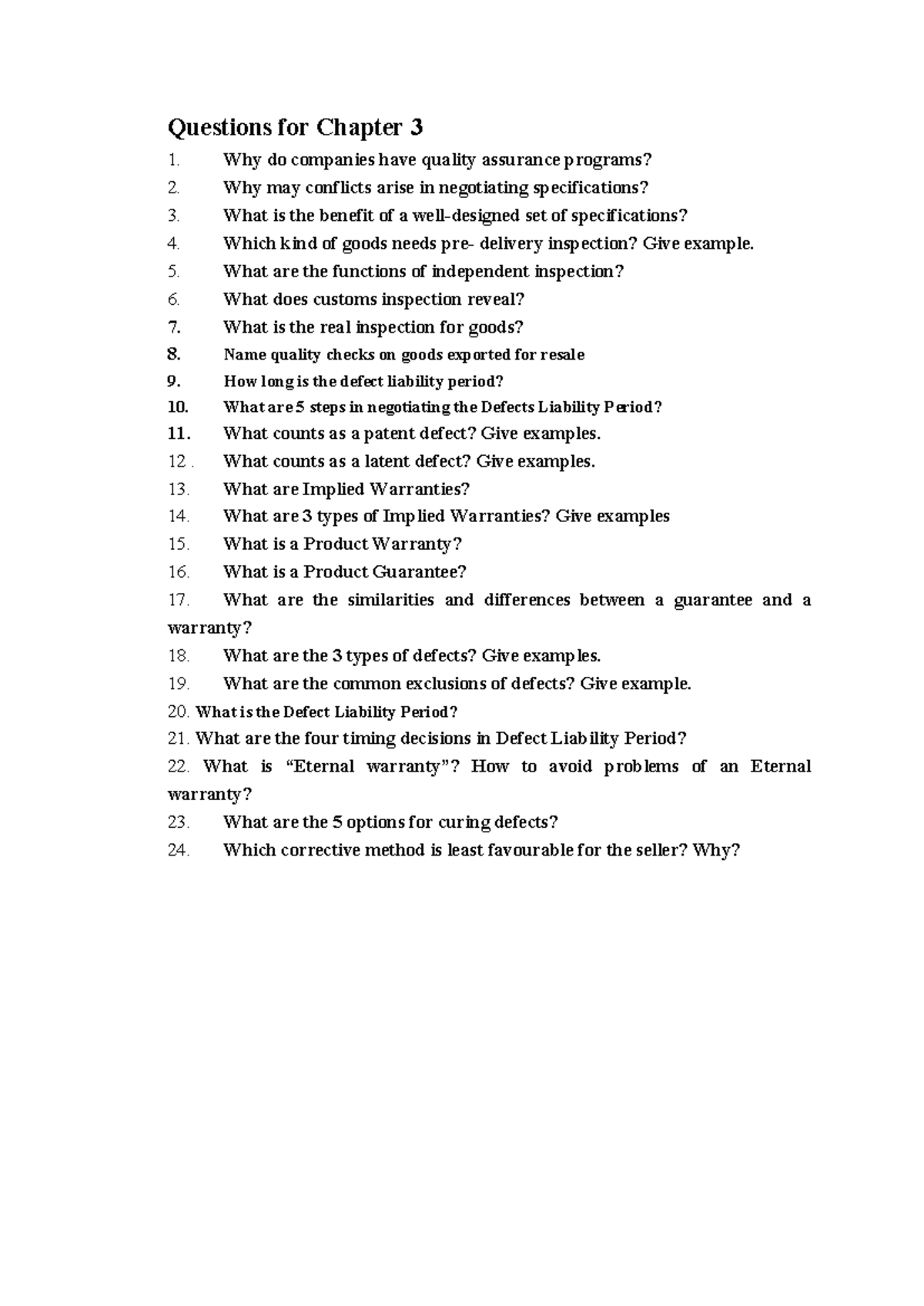 Questions for Chapter 3: Quality Assurance & Defect Liability - Studocu
