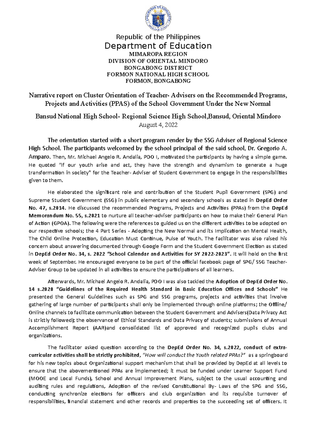 Narrative Report on Cluster Orientation for Teacher-Advisers (2022 ...