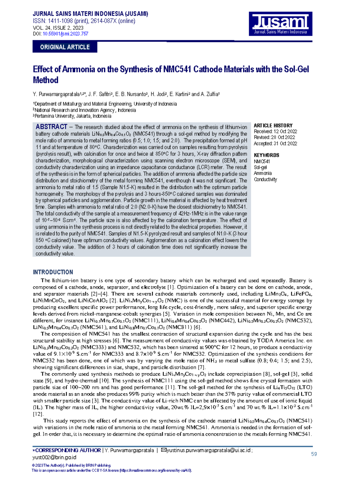 Effect of Ammonia on NMC541 Cathode Synthesis: JUSAMI Vol. 24, Issue 2 ...