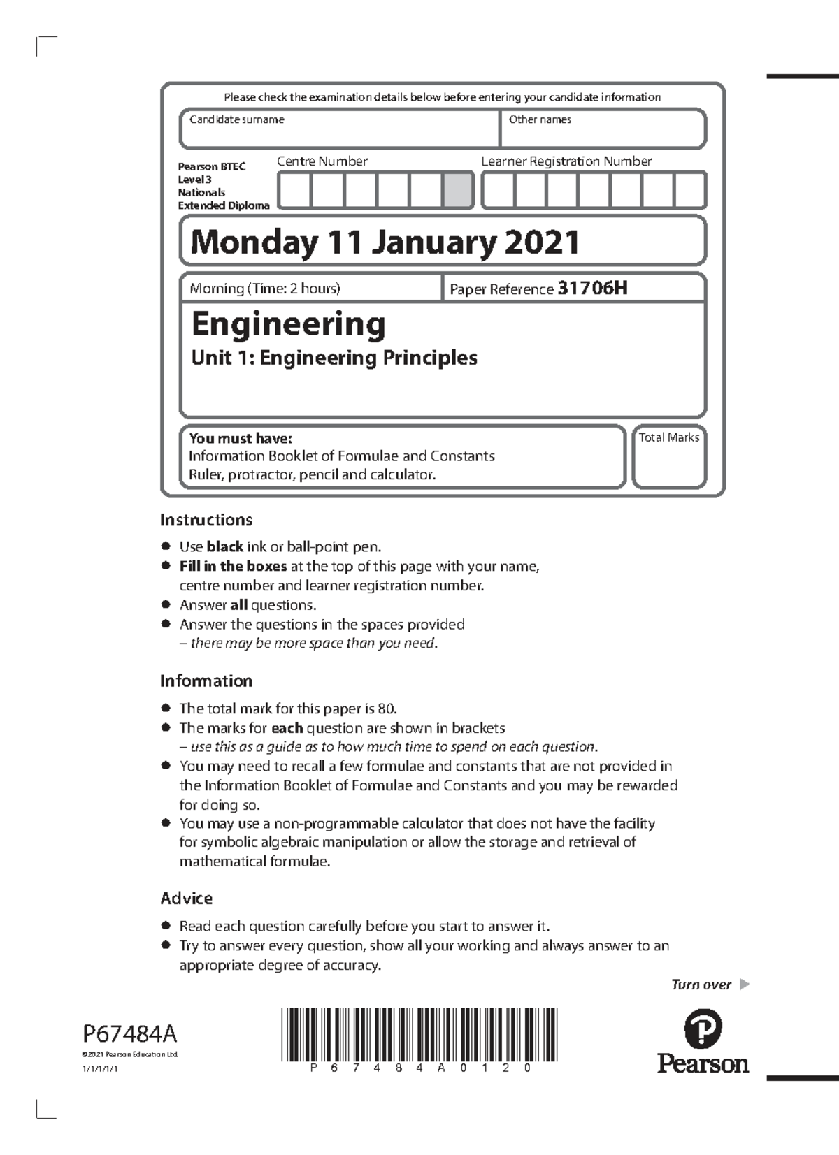 Unit 1: Engineering Principles - January 2021 Past Exam Paper - Studocu
