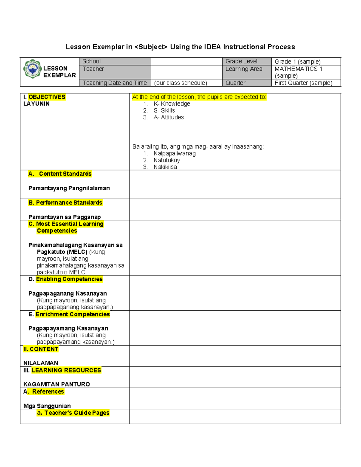 IDEA Lesson Exemplar for Grade 1 Mathematics (1st Quarter) - Studocu