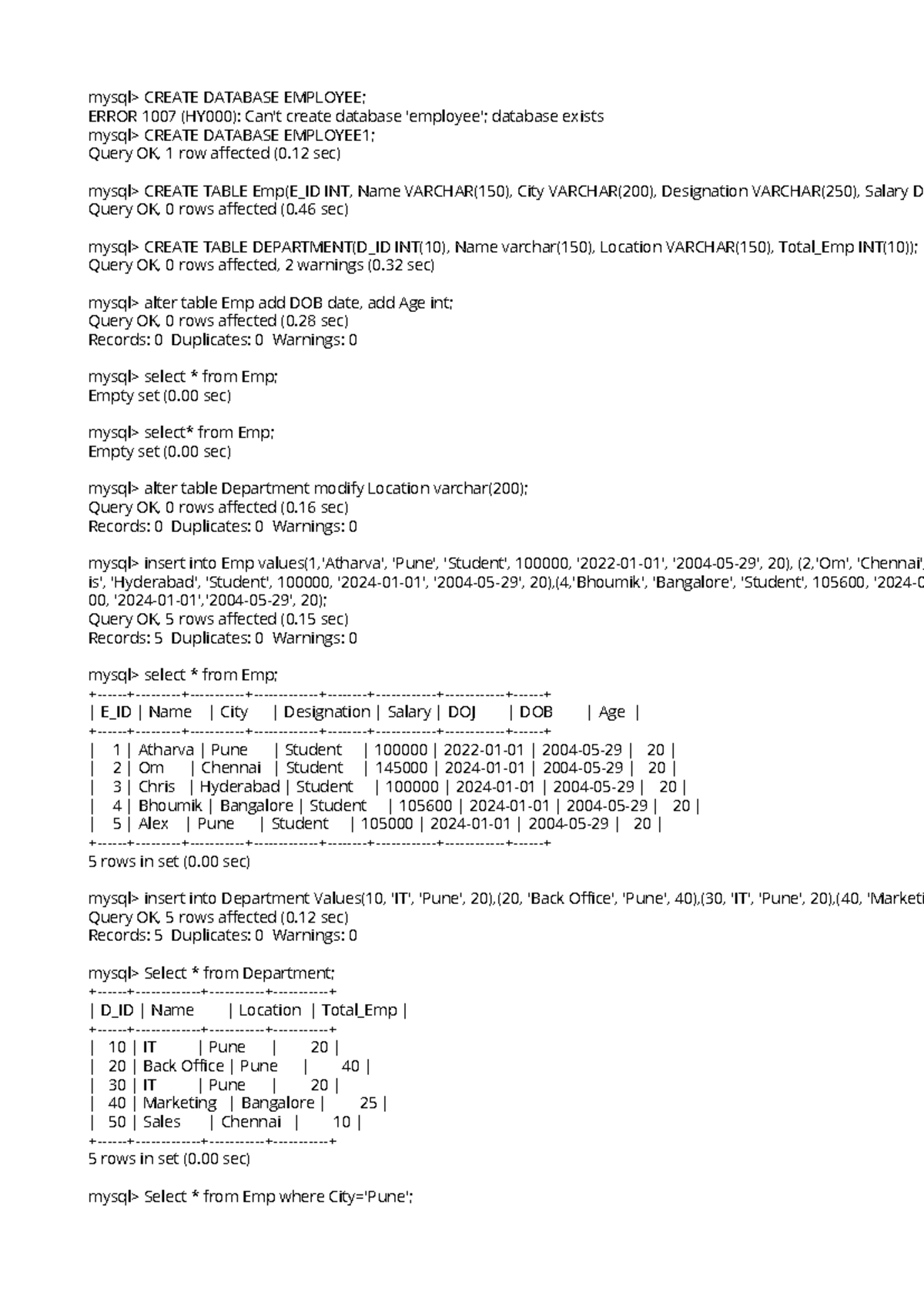 DBMS Practical 1: CREATE DATABASE & TABLE Operations - Studocu