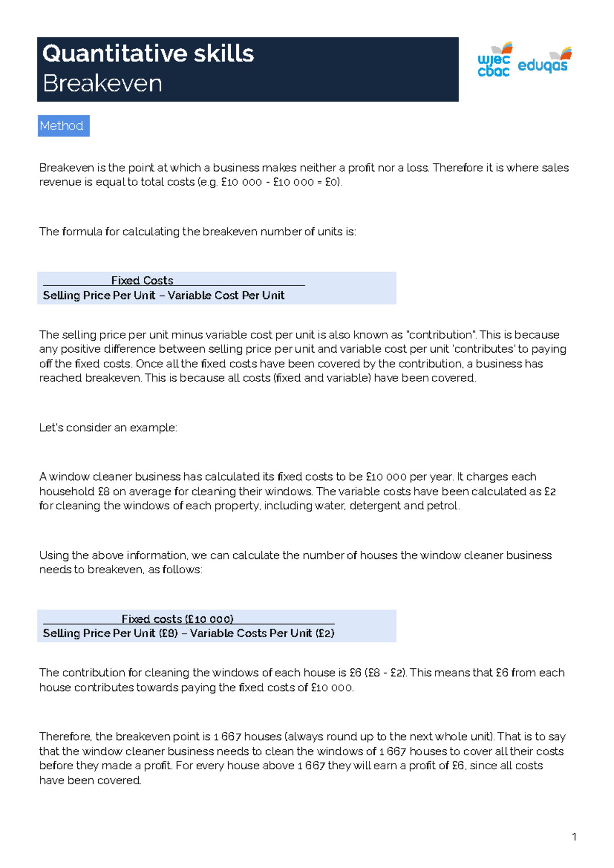 Quantitative Skills: Breakeven Method Practice Questions - Studocu