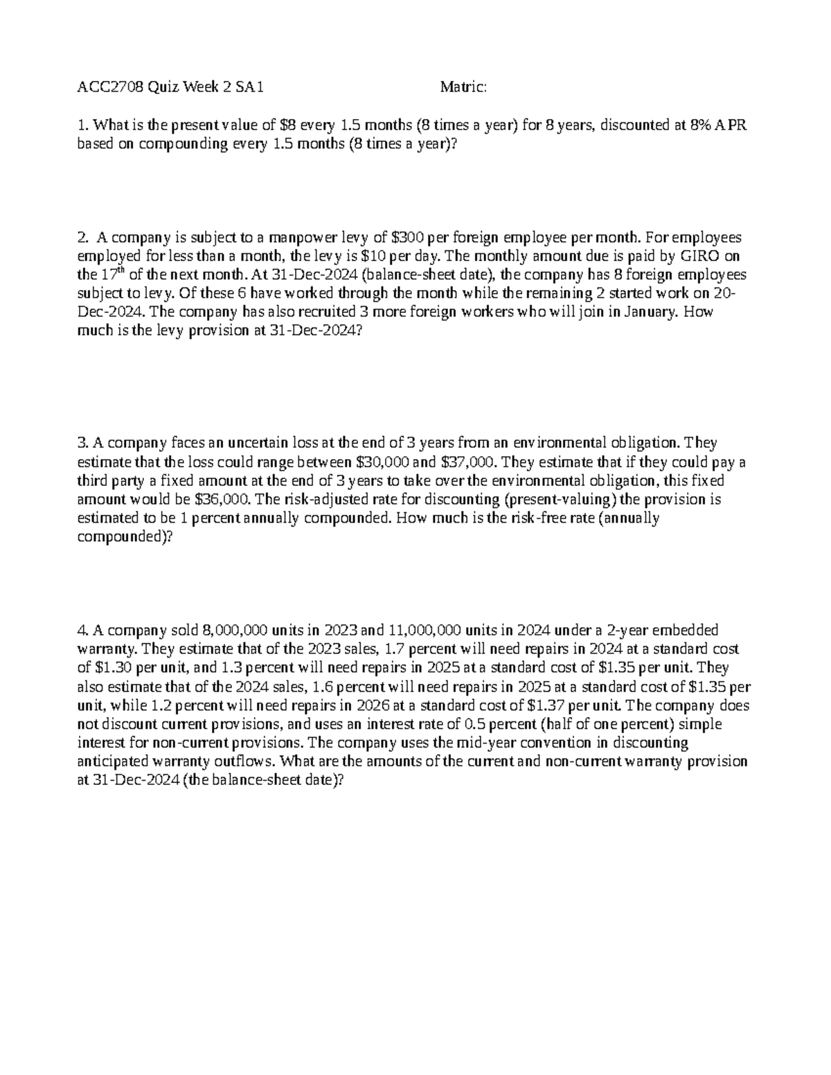 ACC2708 Quiz Week 2: Present Value & Levy Calculations - Studocu