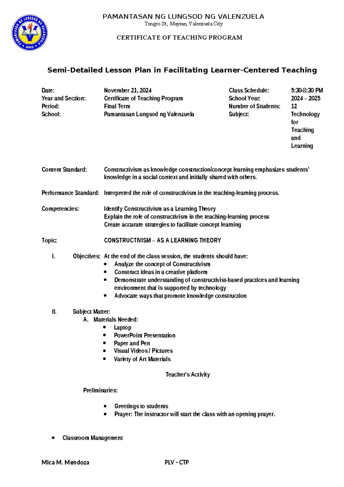 Semi-Detailed Lesson Plan on Constructivism for Certificate Program ...