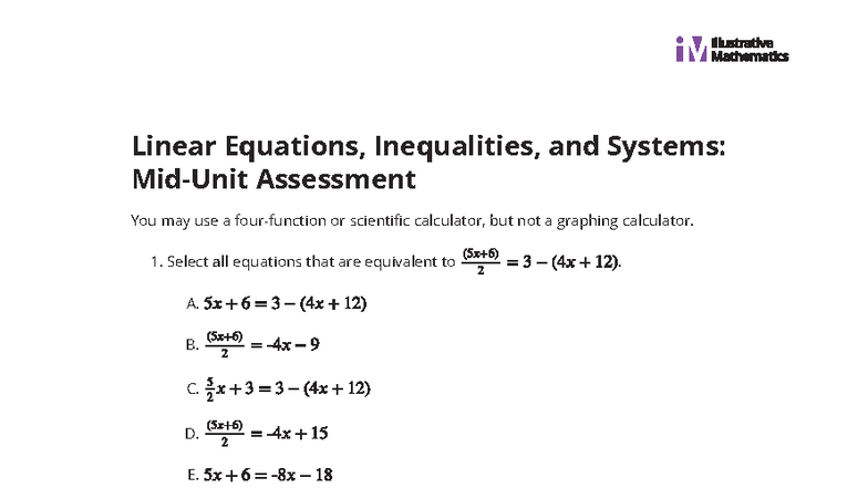 Algebra 1 Unit 2 Mid Assessment: Linear Equations & Inequalities - Studocu