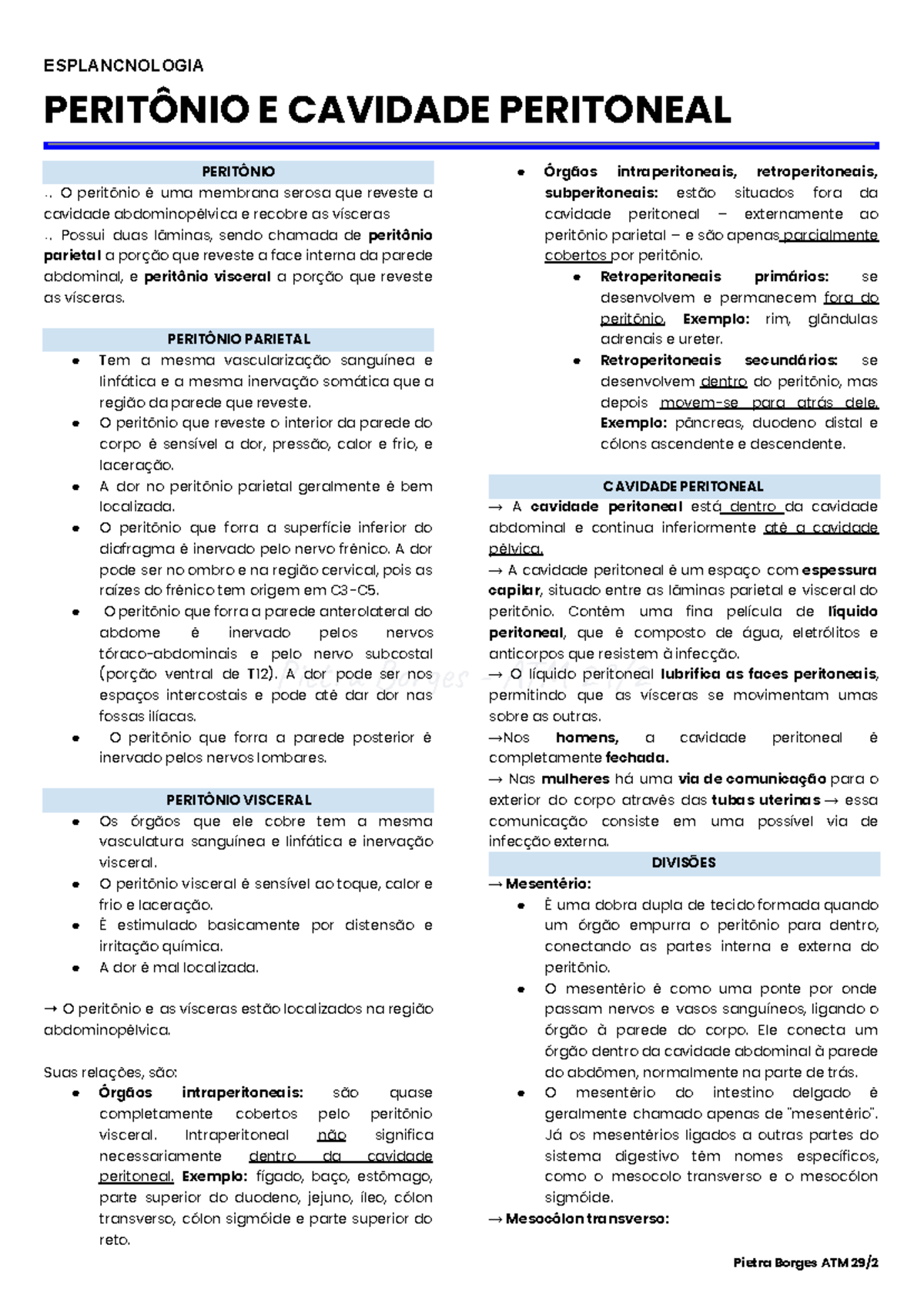 Cavidade Peritoneal - Resumo de Esplancnologia - Studocu