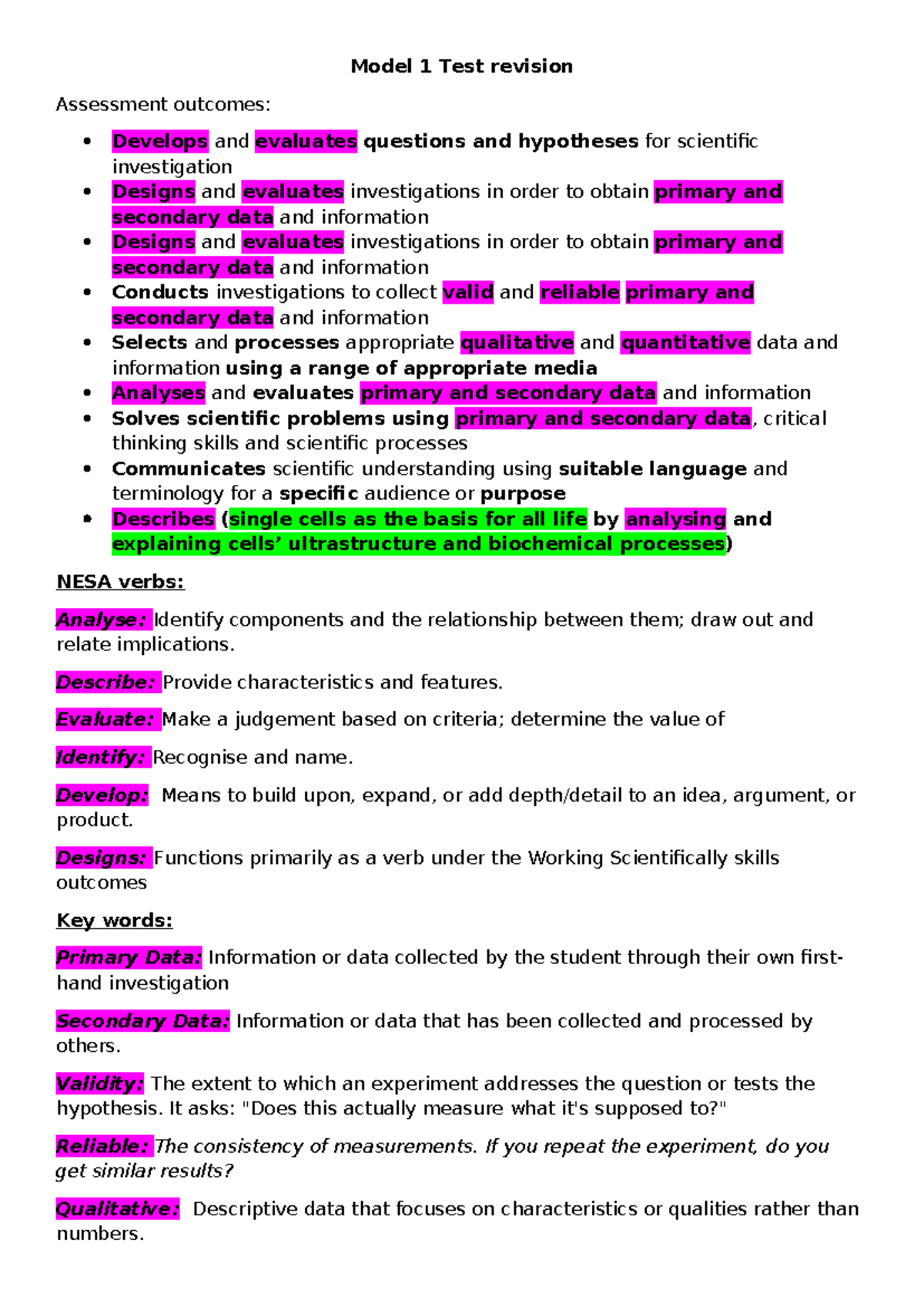 Cell Structure - Notes for Biology 101: Model 1 Test Revision - Studocu