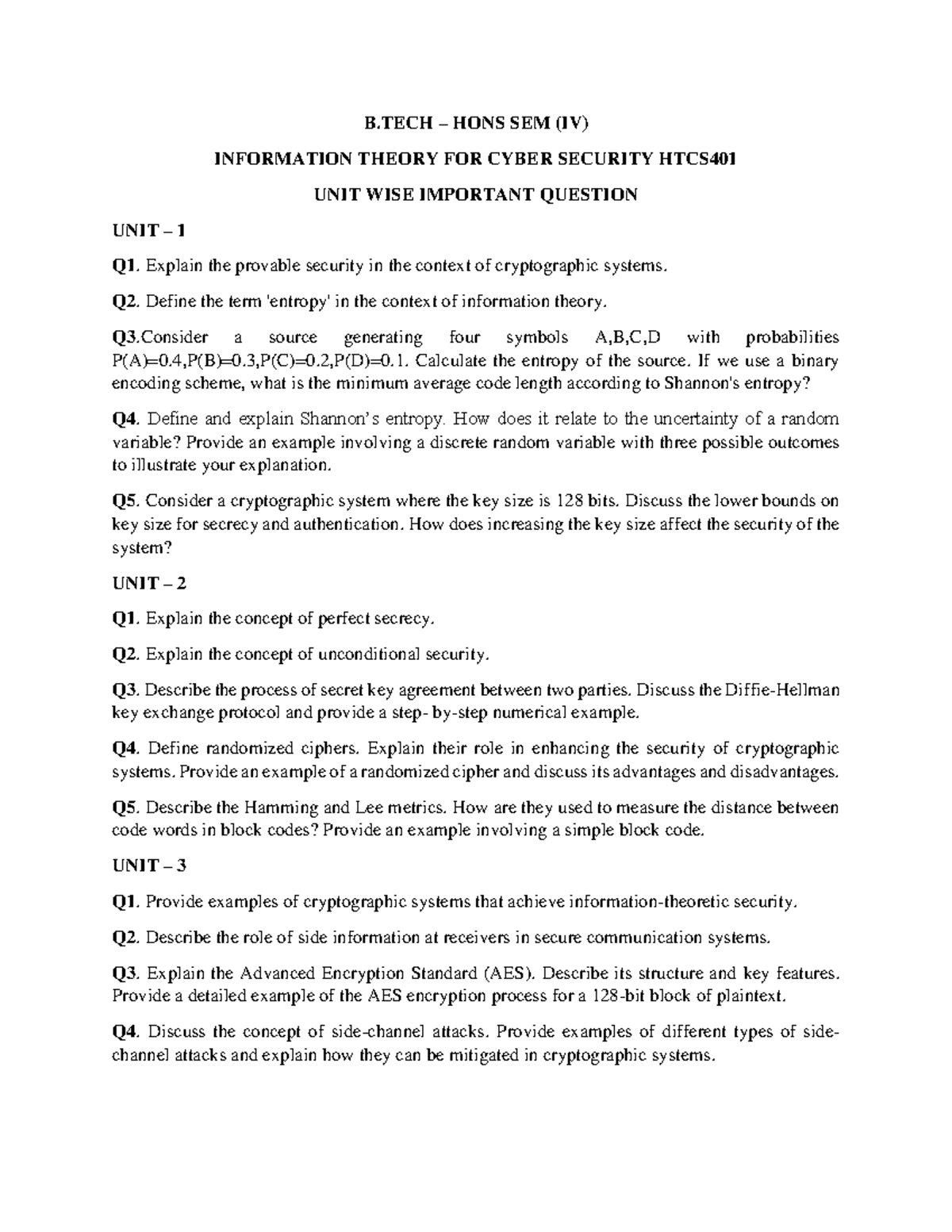 HTCS401 Important Questions for Information Theory in Cyber Security - Studocu