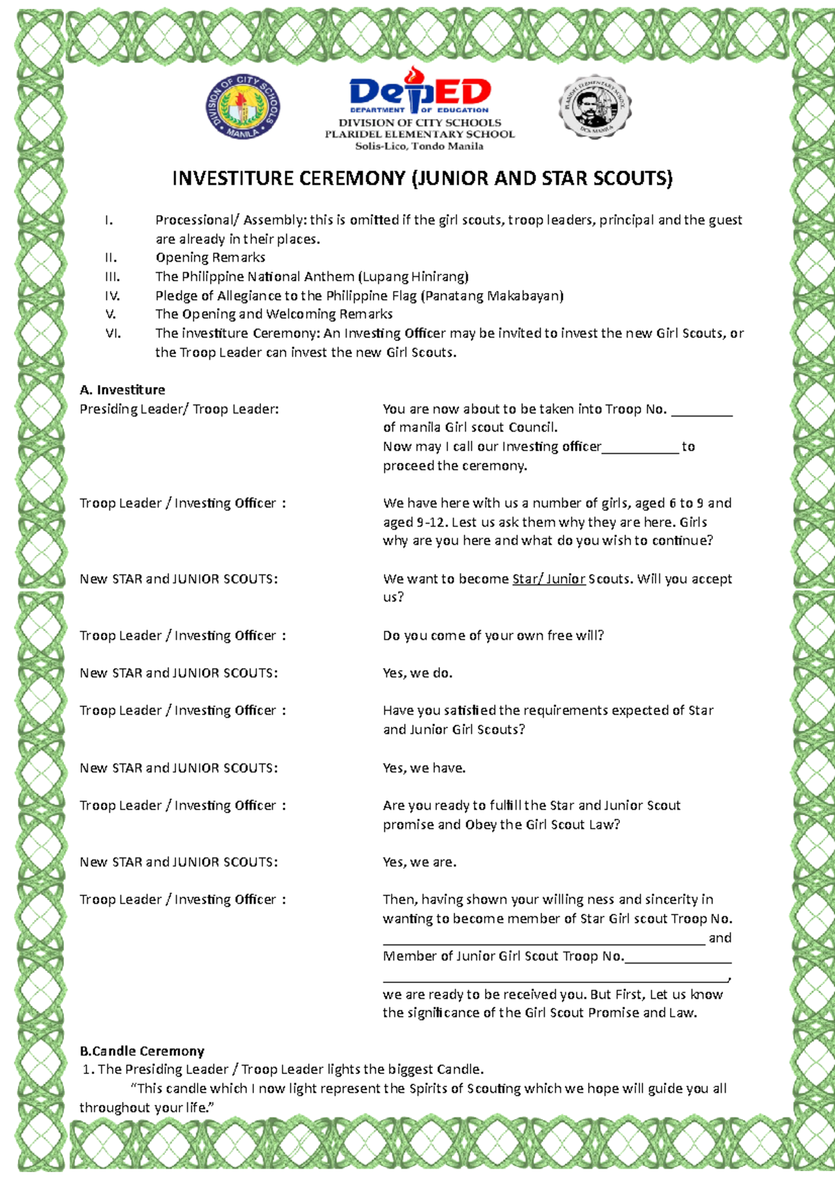 Junior and Star Scouts Investiture Ceremony Program Script - Studocu