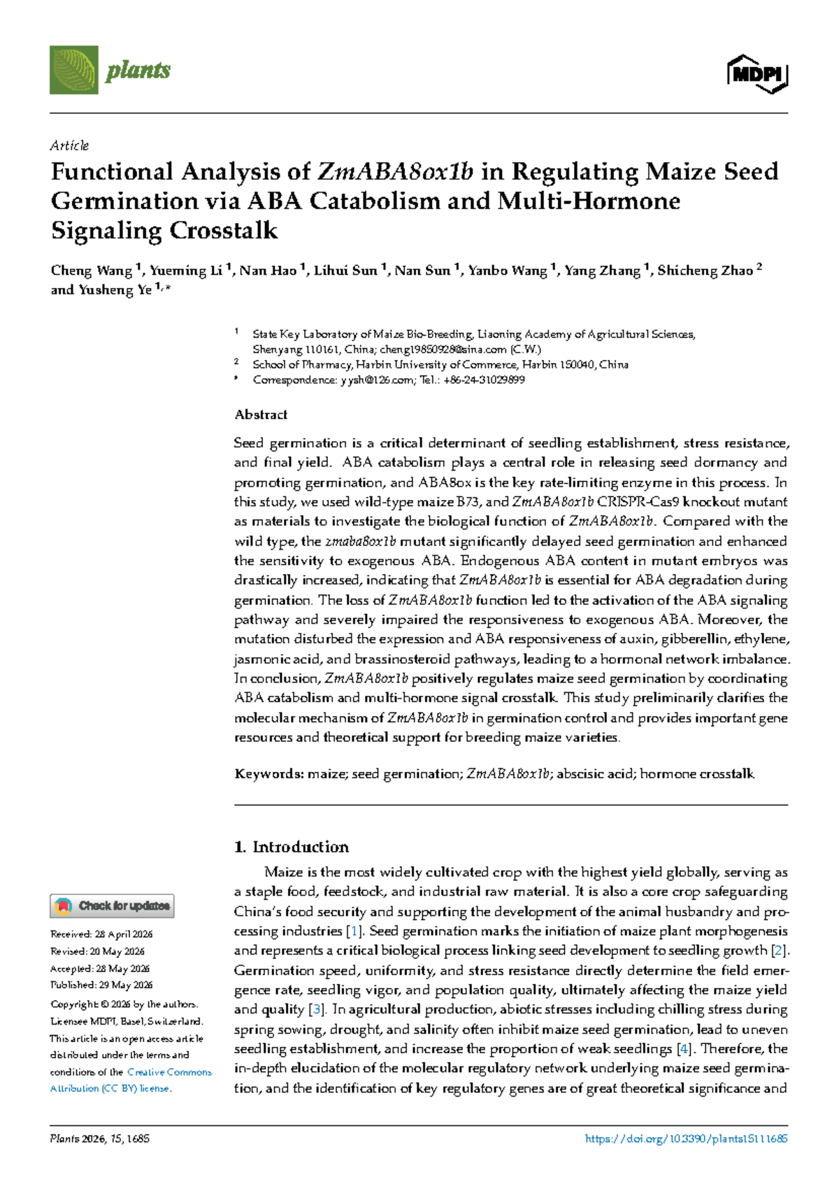 Functional Analysis of ZmABA8ox1b in Maize Seed Germination (PLANT 2026 ...