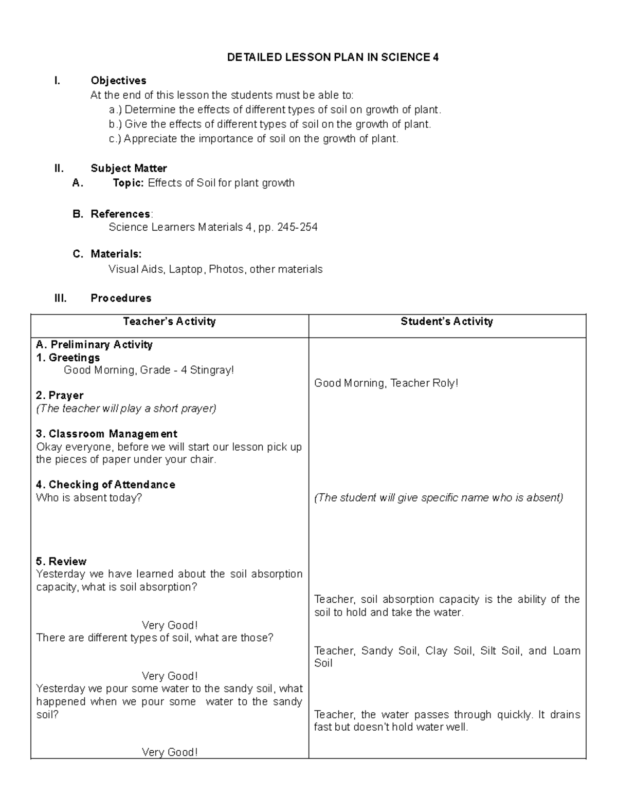 1113 - Detailed Lesson Plan on Soil Effects for Science 4 - Studocu