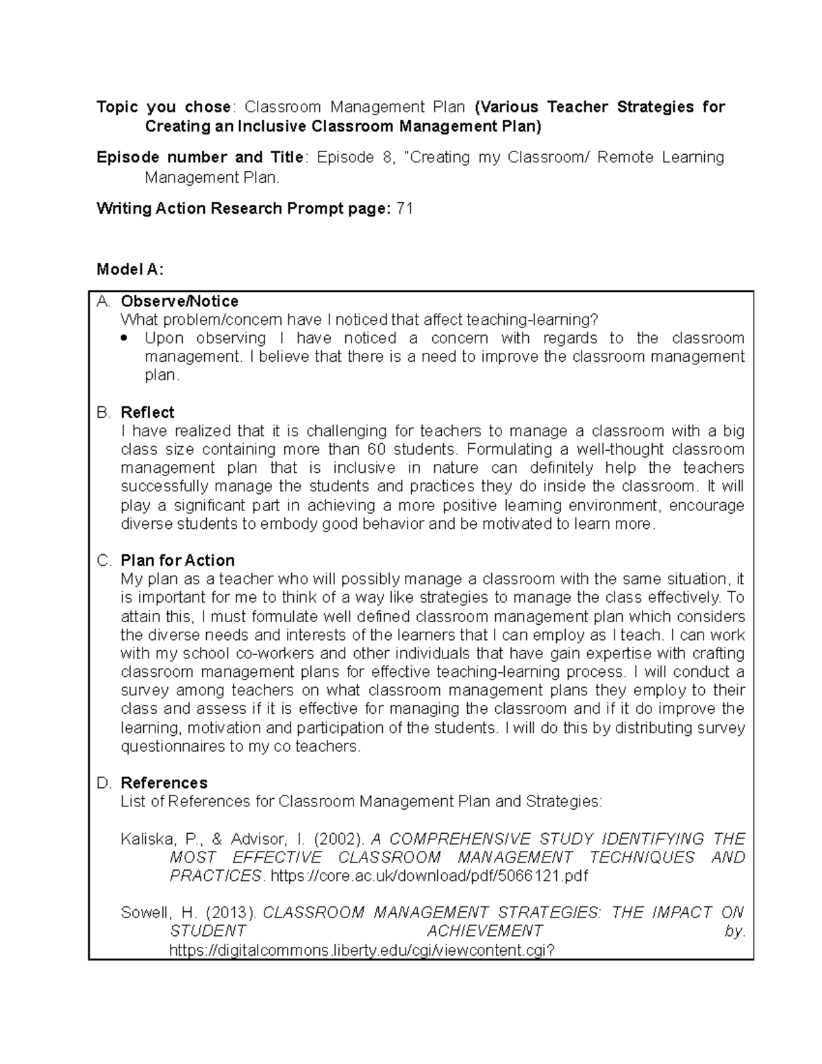 Action Research Plan: Effective Strategies for Inclusive Classroom Mgmt ...