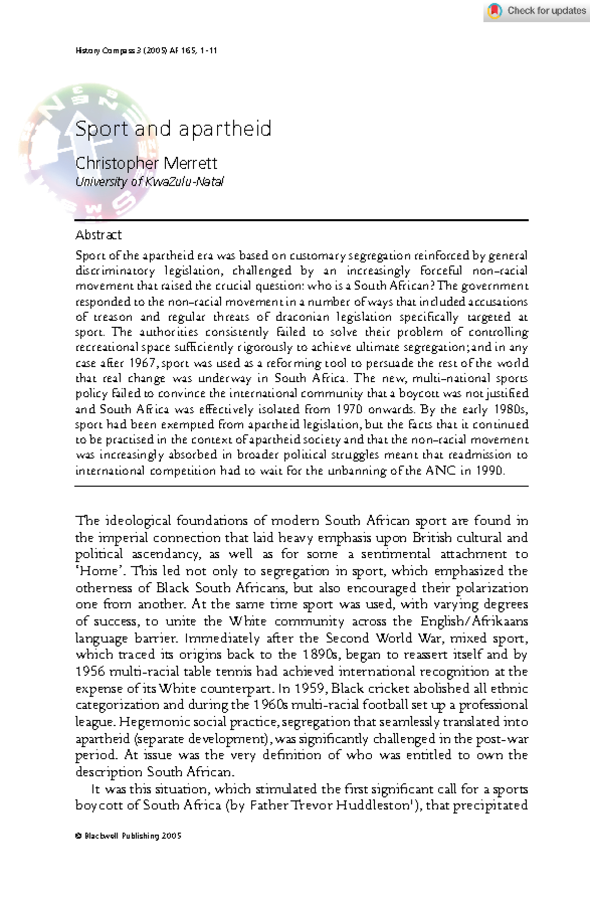 Sport and Apartheid: A Historical Analysis (HIST 2005) - Studocu
