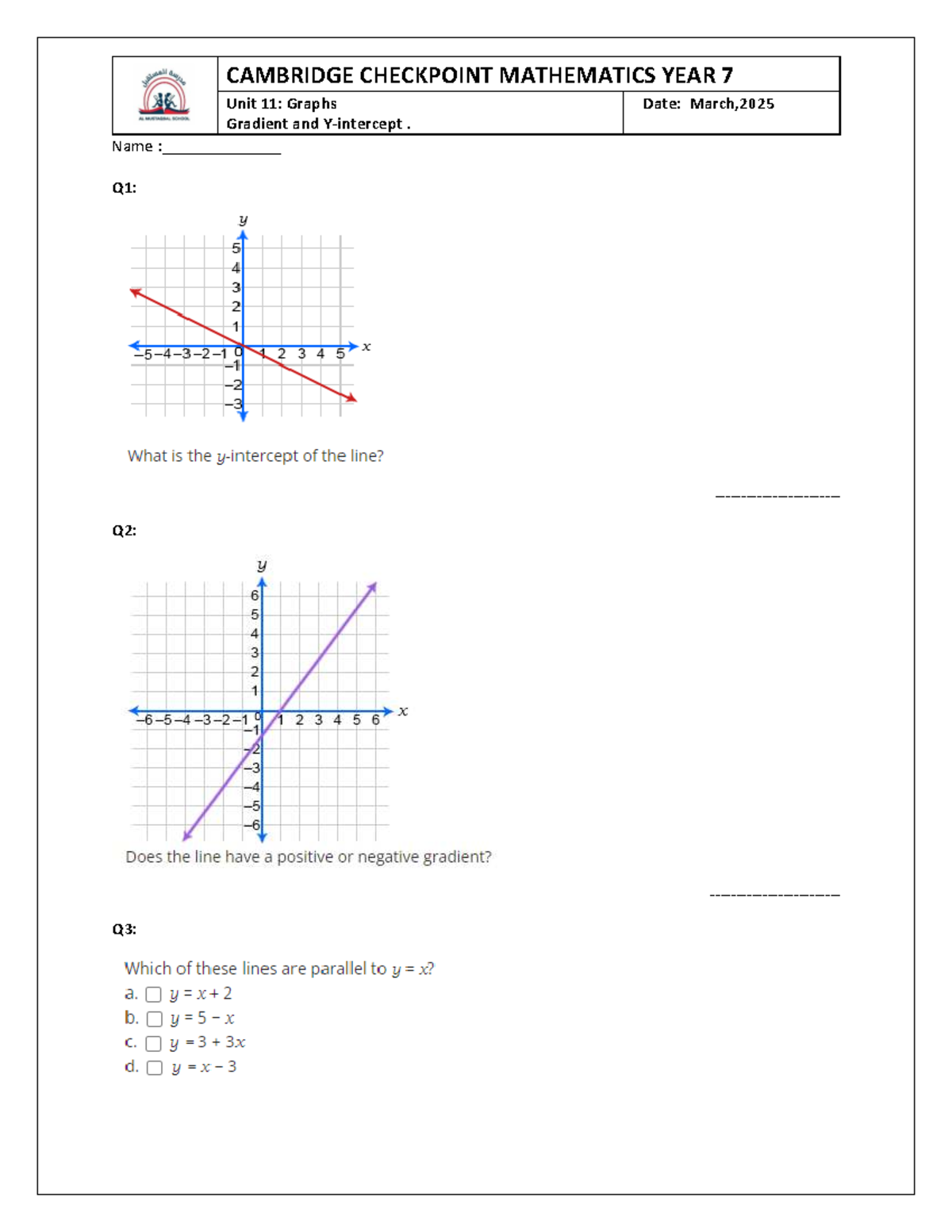 CAMBRIDGE CHECKPOINT MATHEMATICS YEAR 7 Unit 11: Gradient & Graphs ...