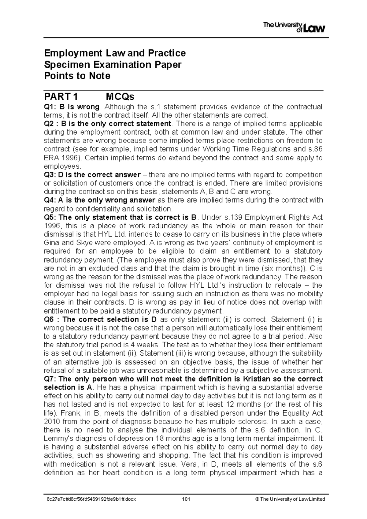 Employment Law and Practice 2324: Specimen Exam Paper Analysis - Studocu