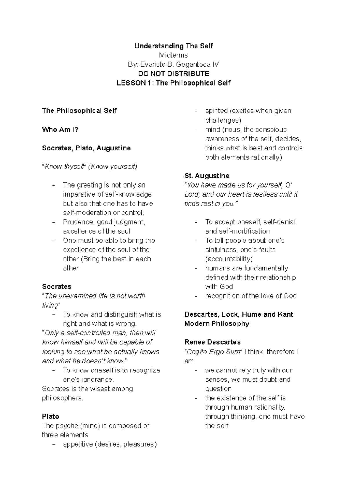 Understanding The Self Midterm Reviewer Eve Key Concepts And Theories