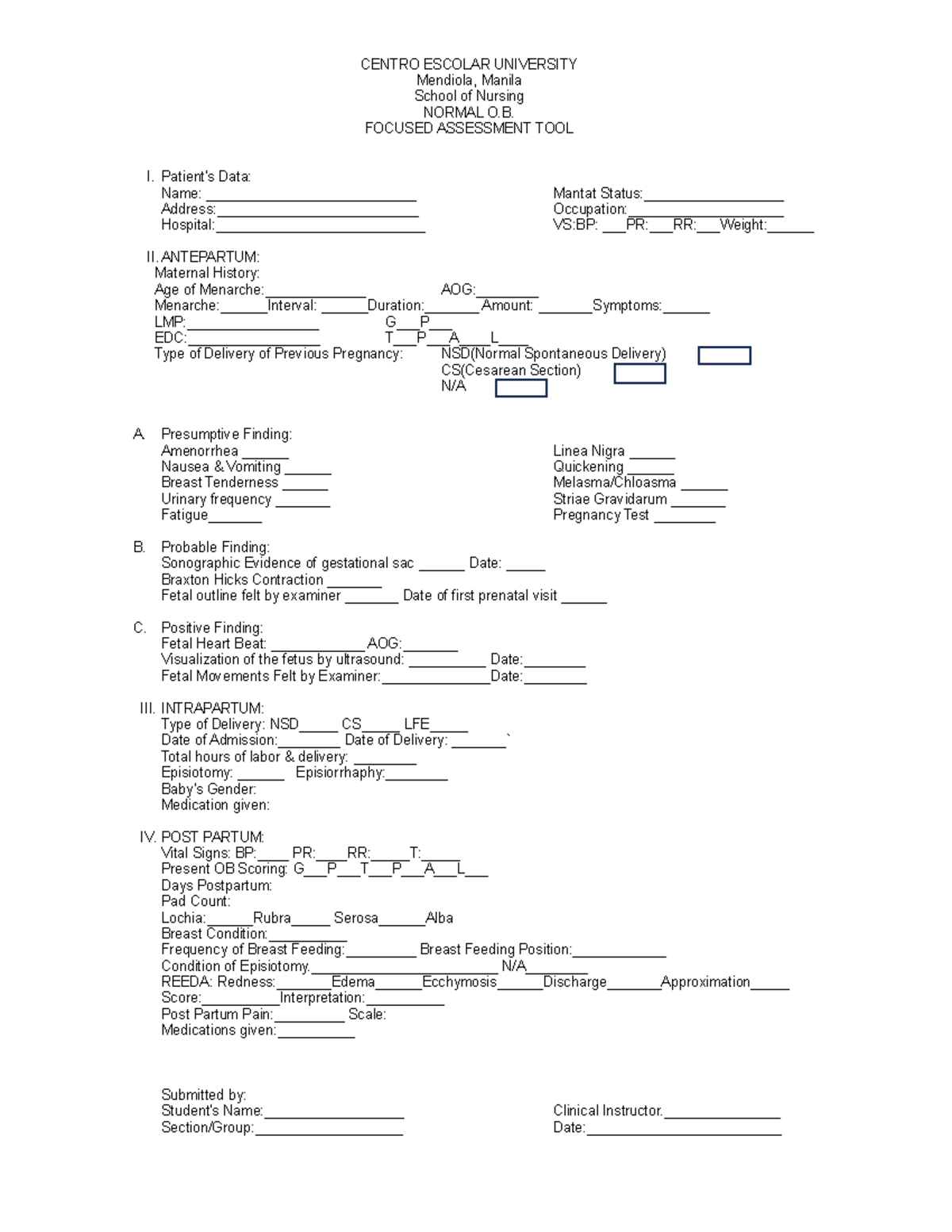 OB Assessment Tool for Nursing Students (CEU - School of Nursing) - Studocu