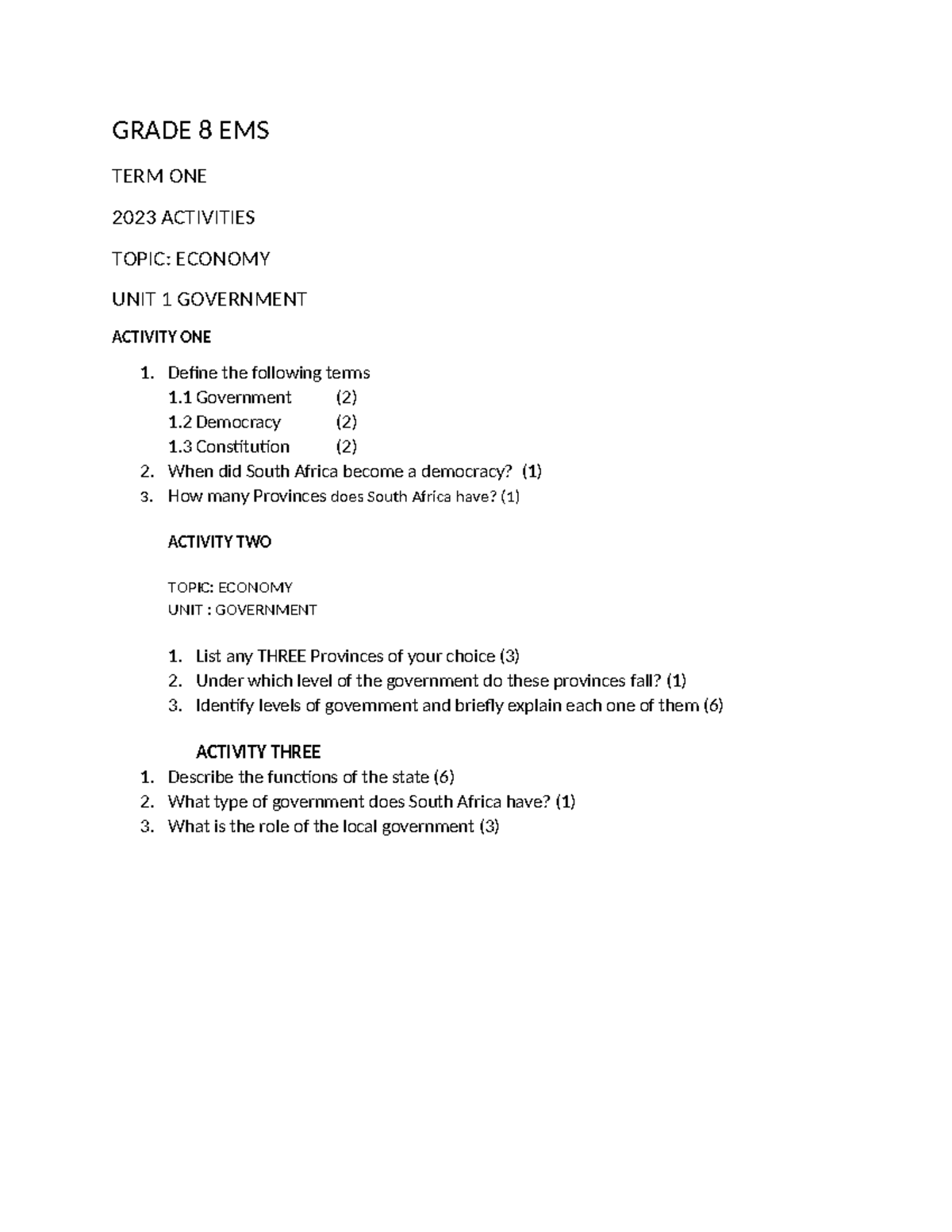 Grade 8 EMS Activities: Economy & Government Focus 2023 - Studocu
