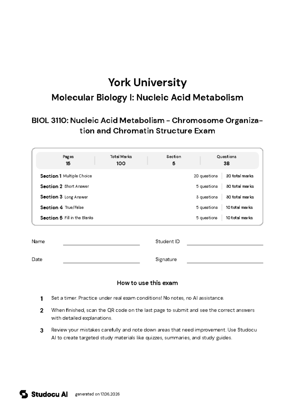 BIOL 3110: Nucleic Acid Metabolism Exam - Studocu