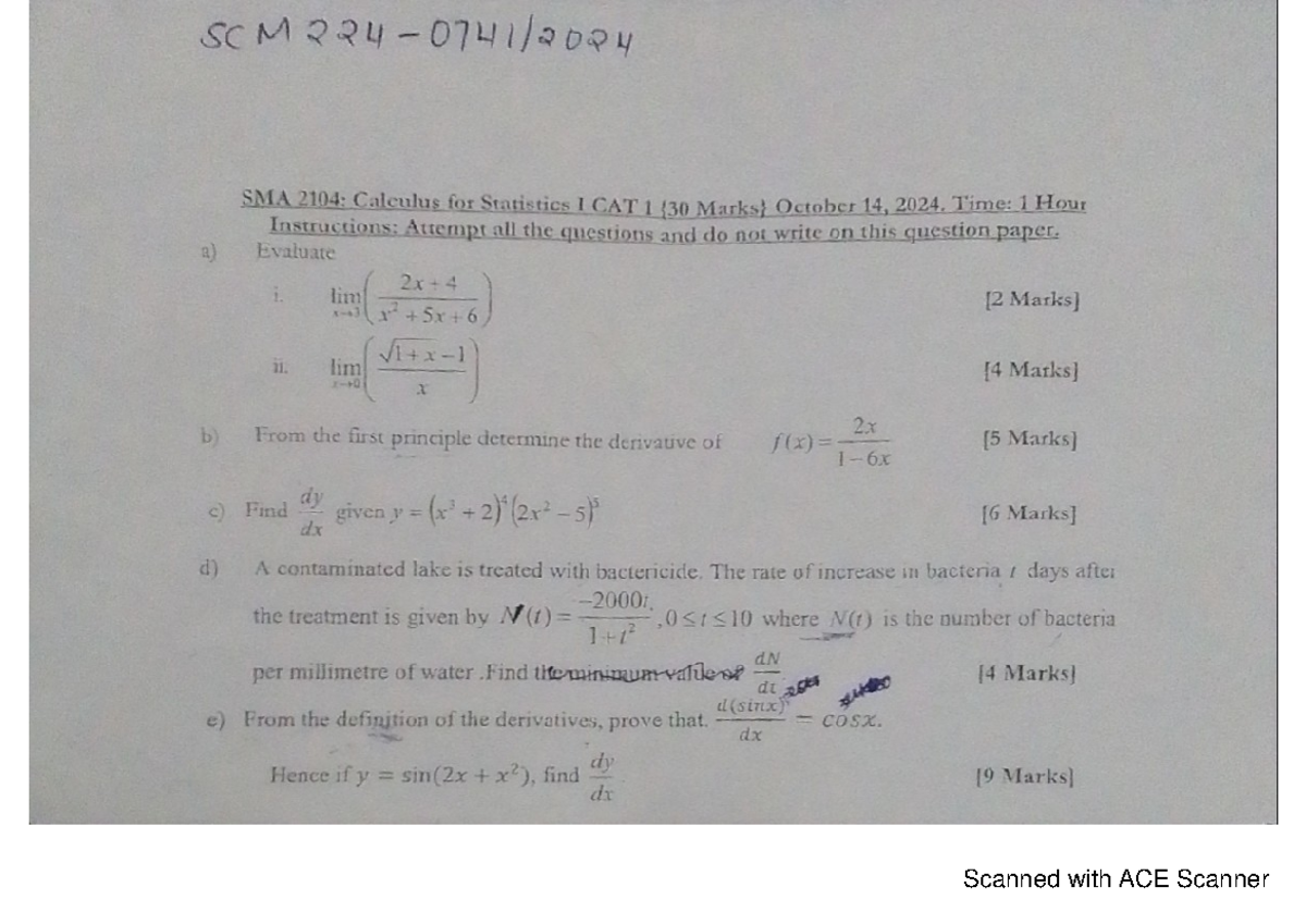 Sample of a calculus CAT - SMA 2104: Calculus for Statistics I CAT 1 ...