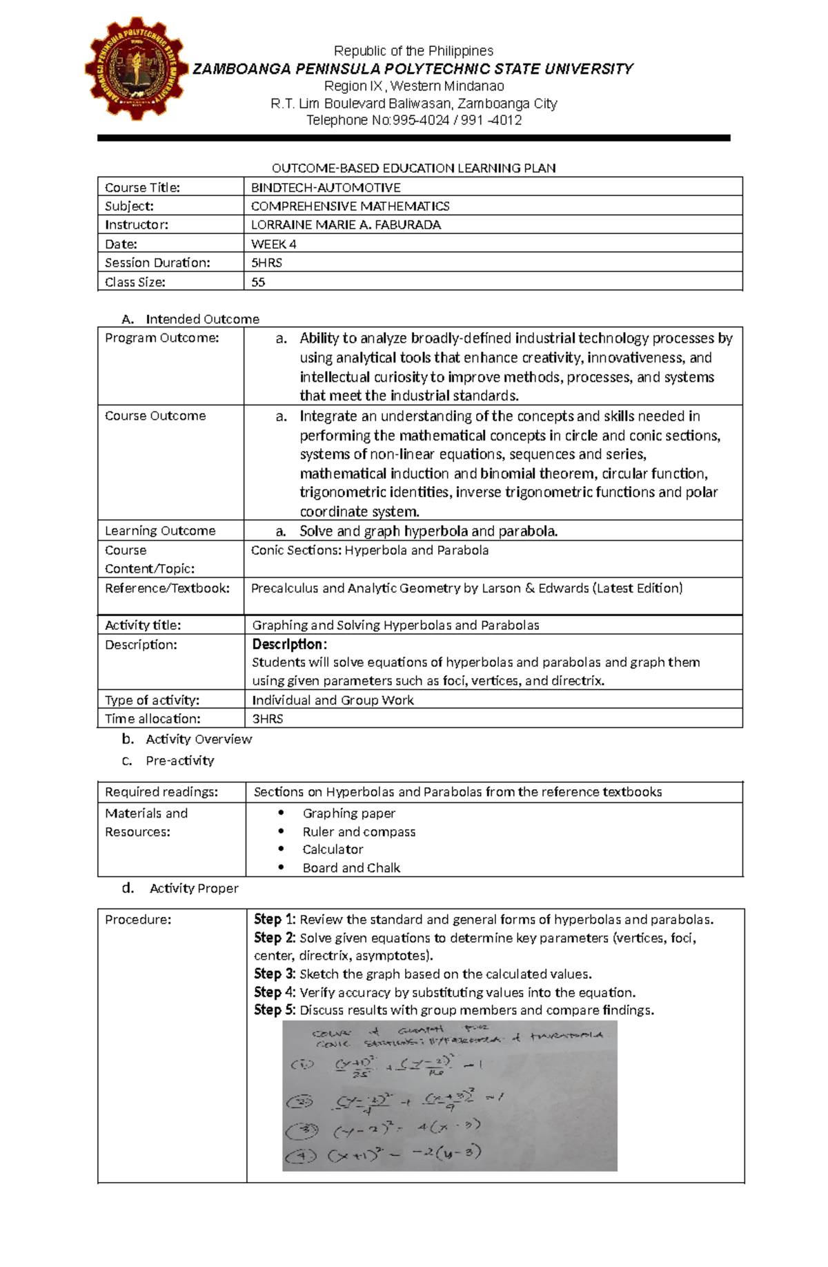 OBE - Week 4 Learning Plan: Conic Sections in Precalculus - Studocu