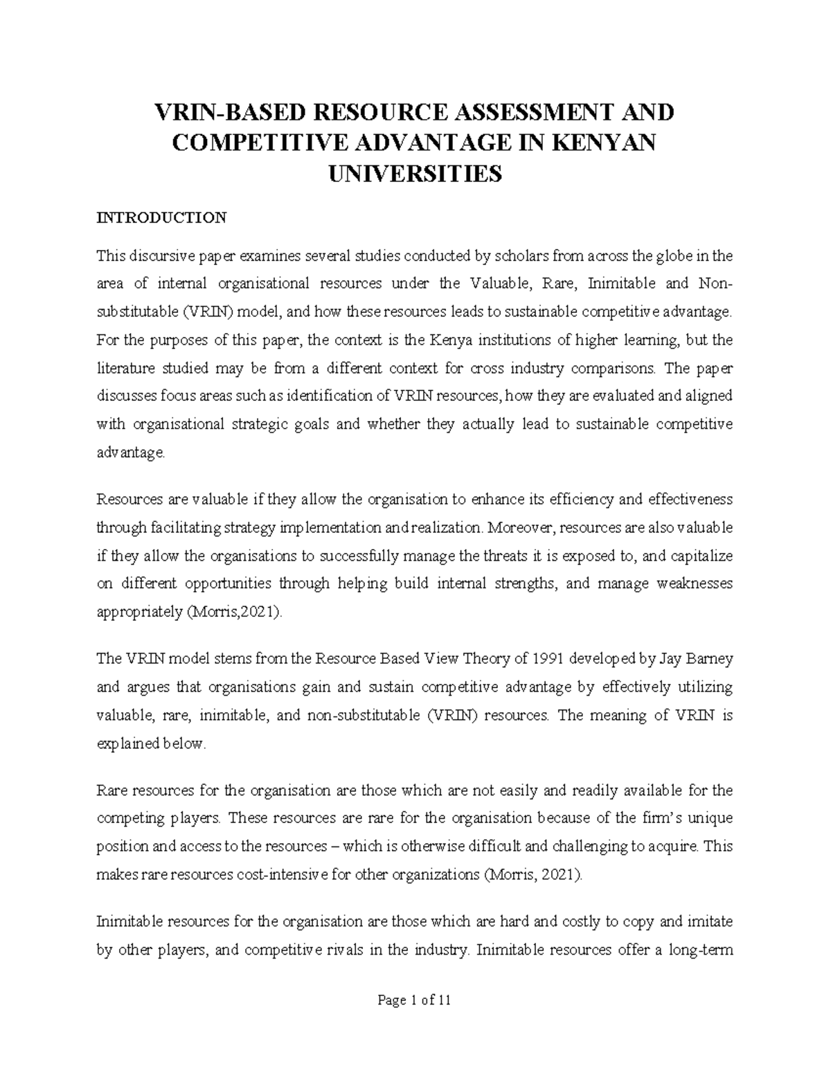 Discursive Paper on VRIN Resources & Competitive Advantage in Kenyan ...