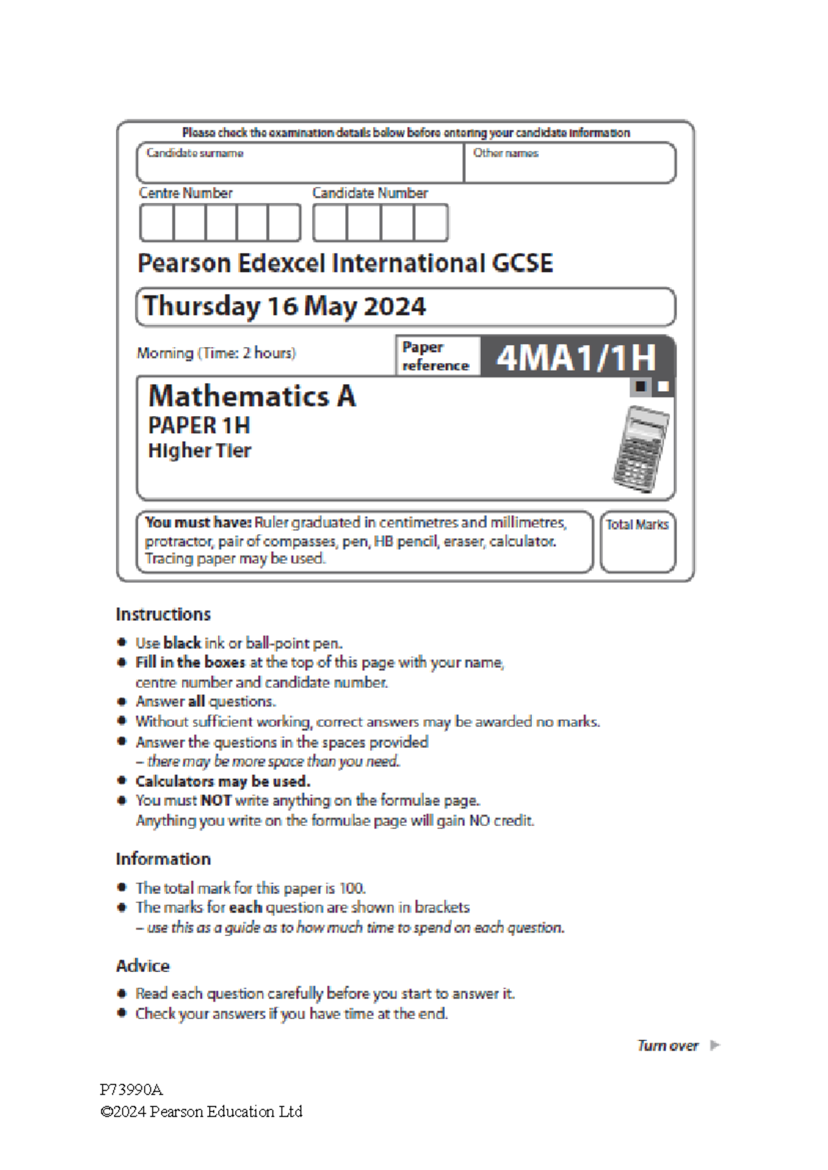 03b Int GCSE 4MA1 1H May 2024 Exam Paper - Probability & Algebra - Studocu