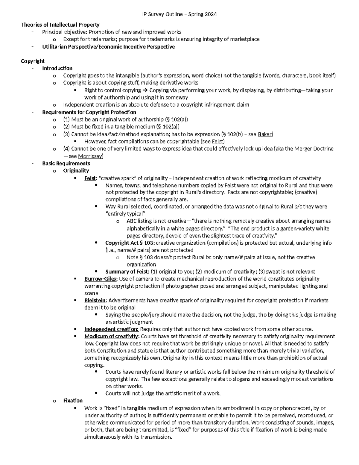 IP Survey Outline - Spring 2024 - Theories of Intellectual Property ...